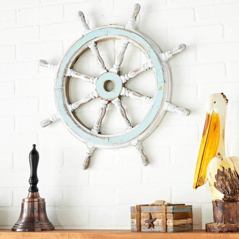 24 in. x 24 in. Wood Blue Distressed Ship Wheel Sail Boat Wall Decor ...