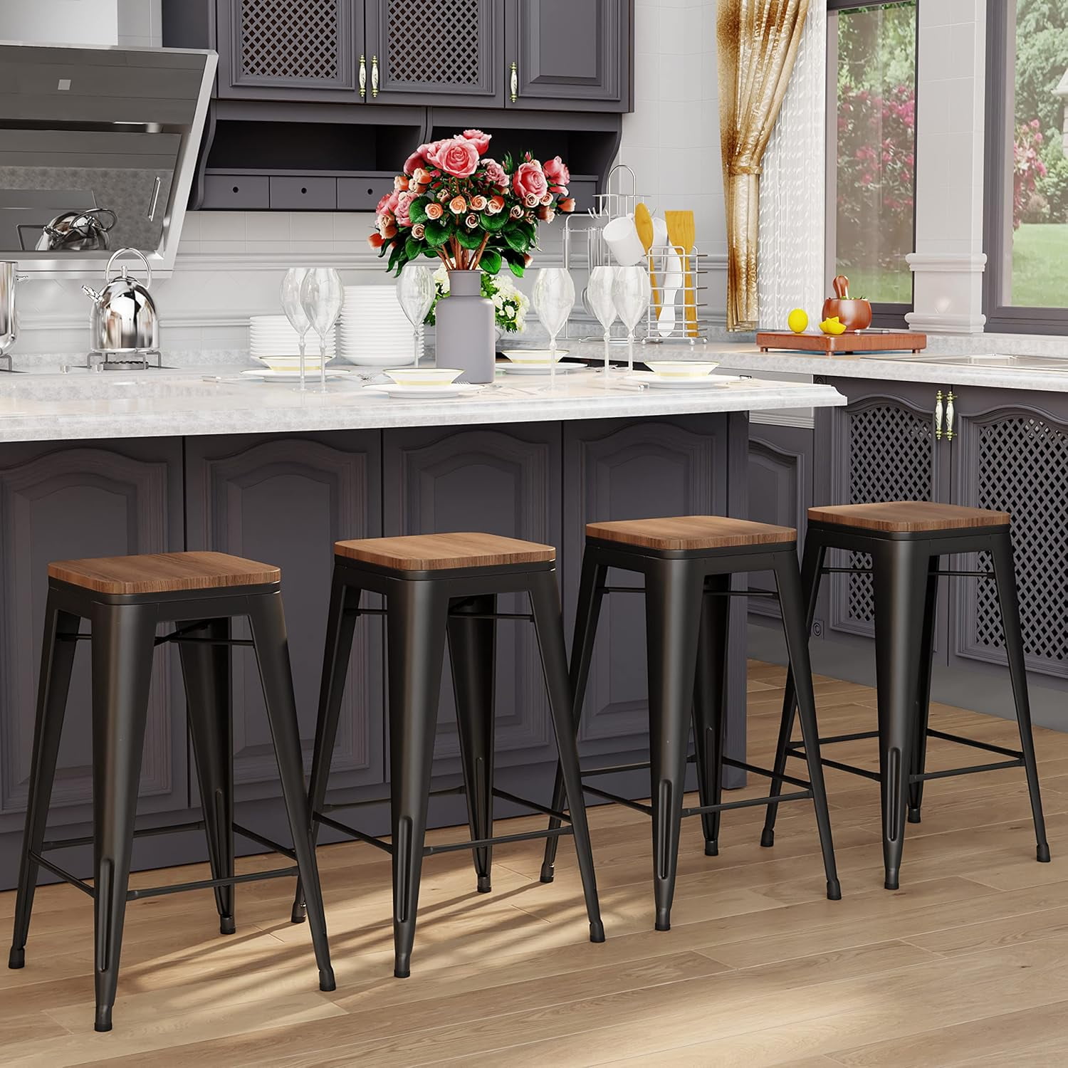 24 inch Bar Stools Set of 4 Counter Height Stackable Bar Stool Backless ...