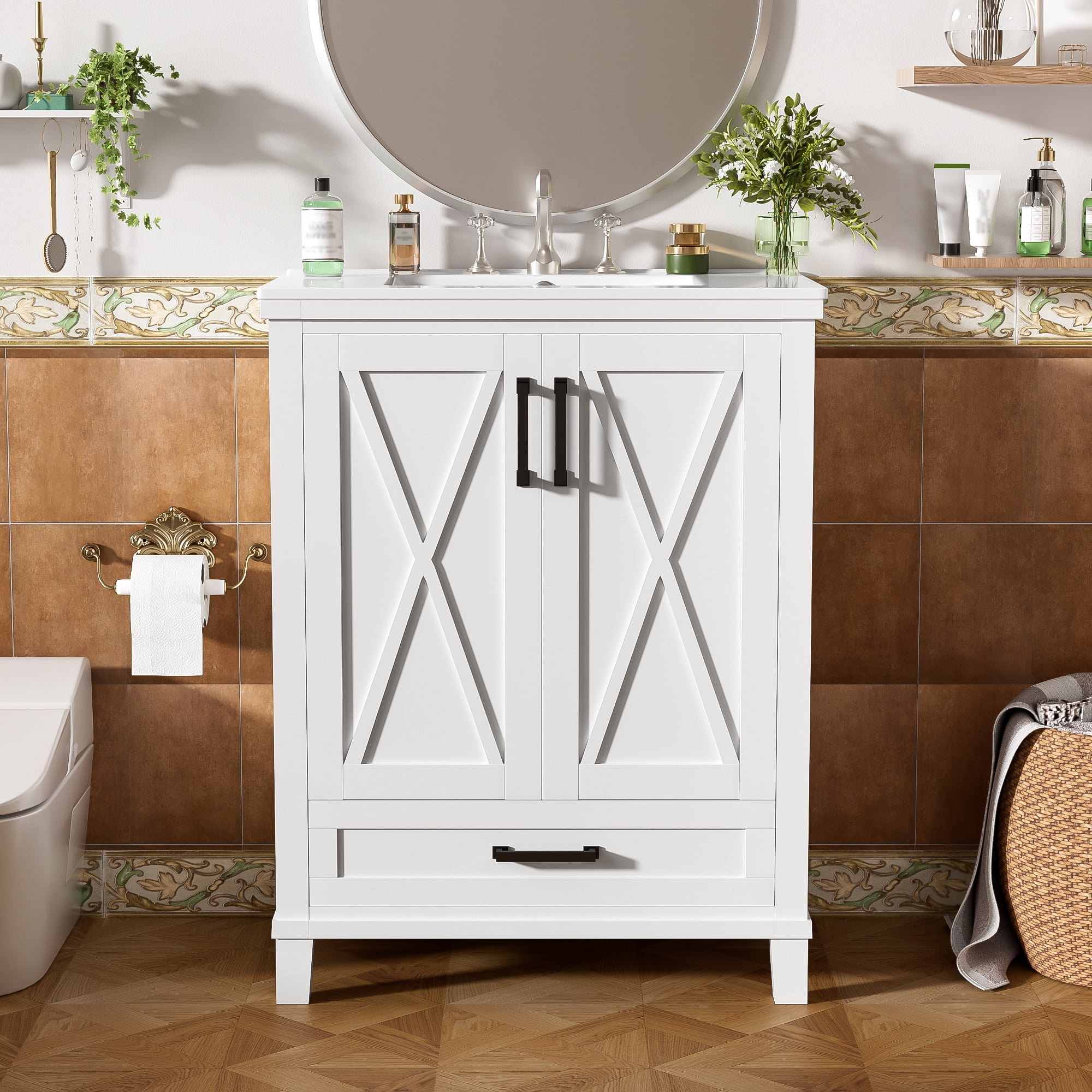24-inch Bathroom Vanity with Single Sink, Solid Wood Frame + MDF, 2 ...