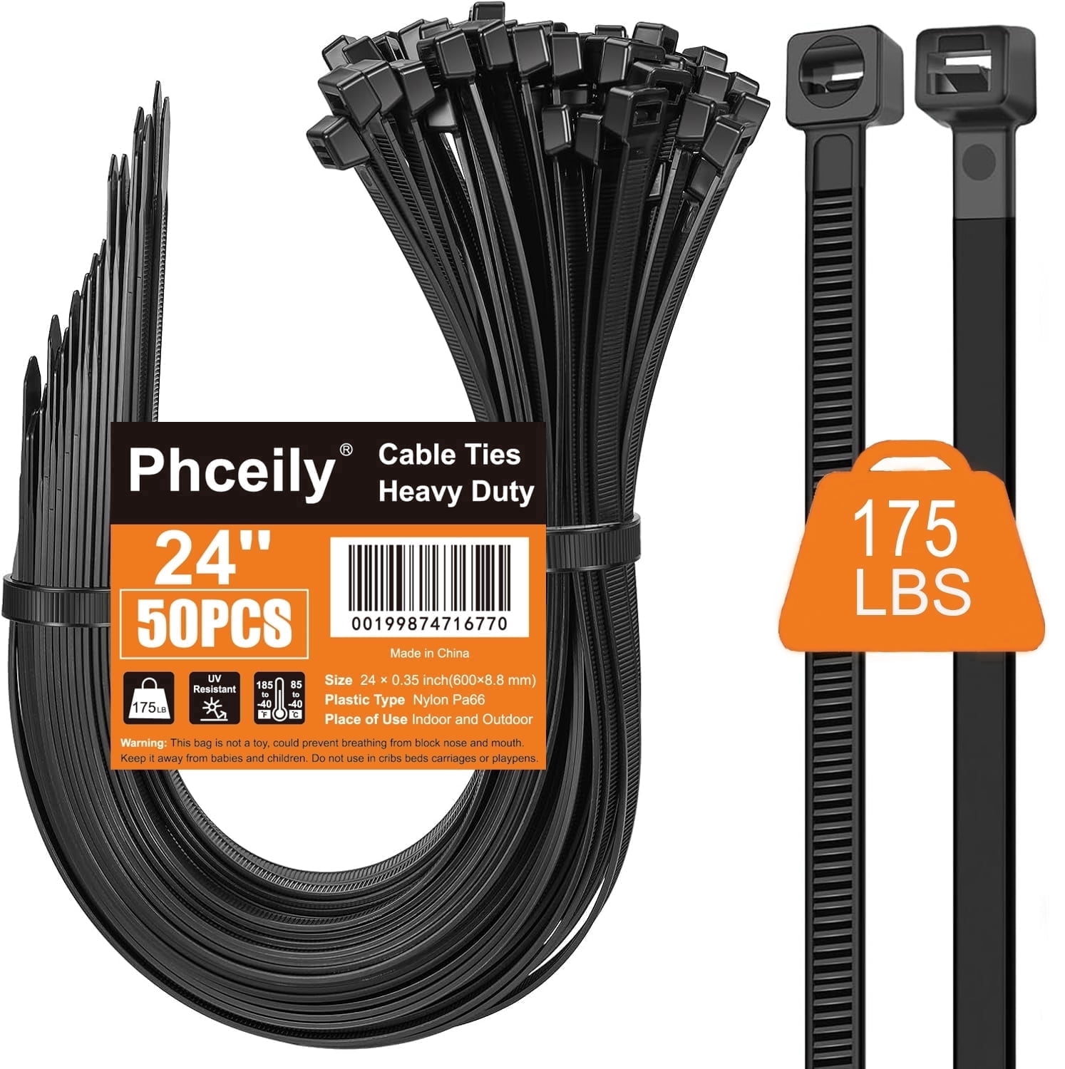 24 inch Black Long Zip Ties Heavy Duty 50Pcs, 175LBS Ultra Strong ...