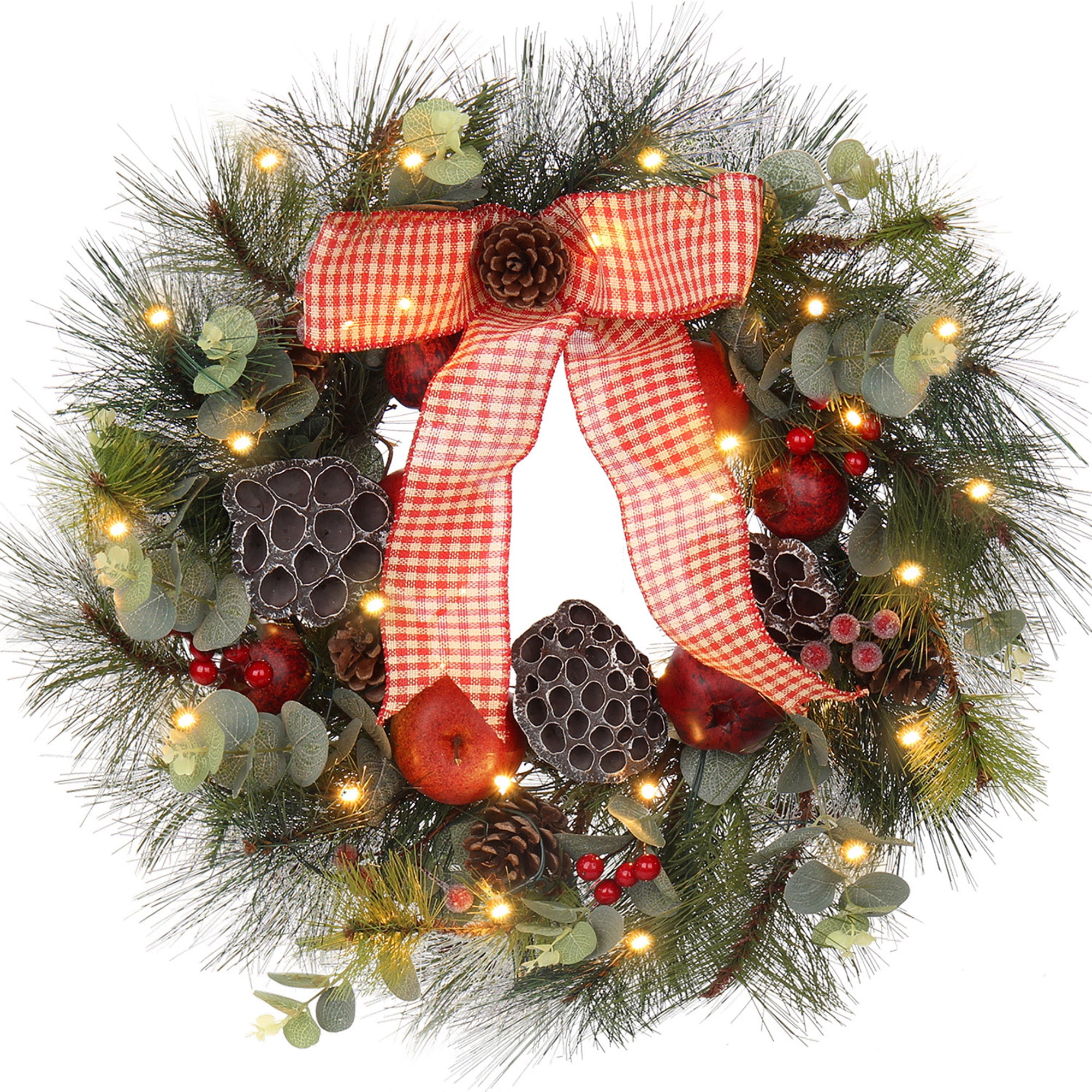 Briful 24 inch LED Lit Christmas Wreath with Bow Ribbon, Pinecone, Red ...