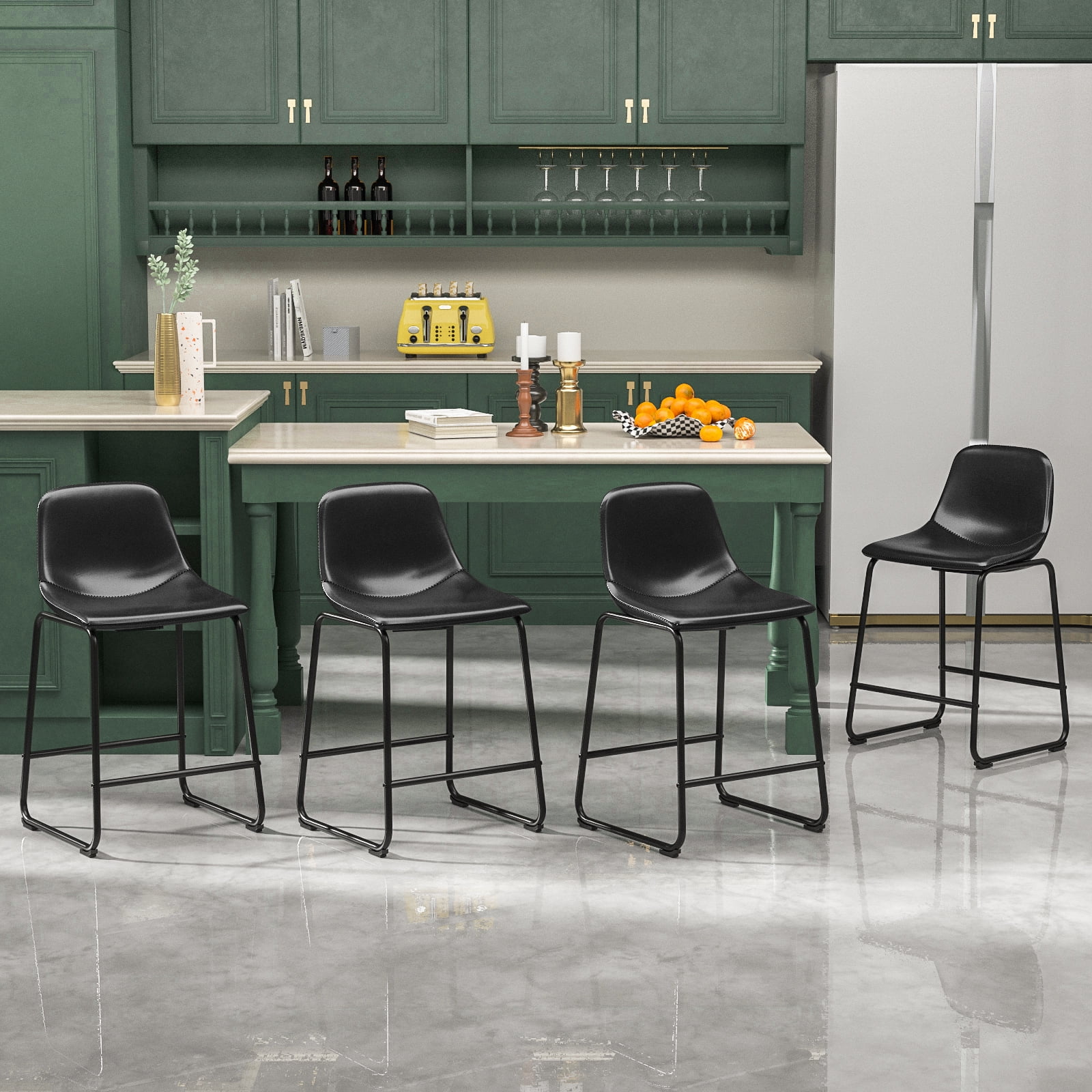 Vintage 24 inch Black Metal & PU Leather Kitchen Bar Stools Set of 4 ...
