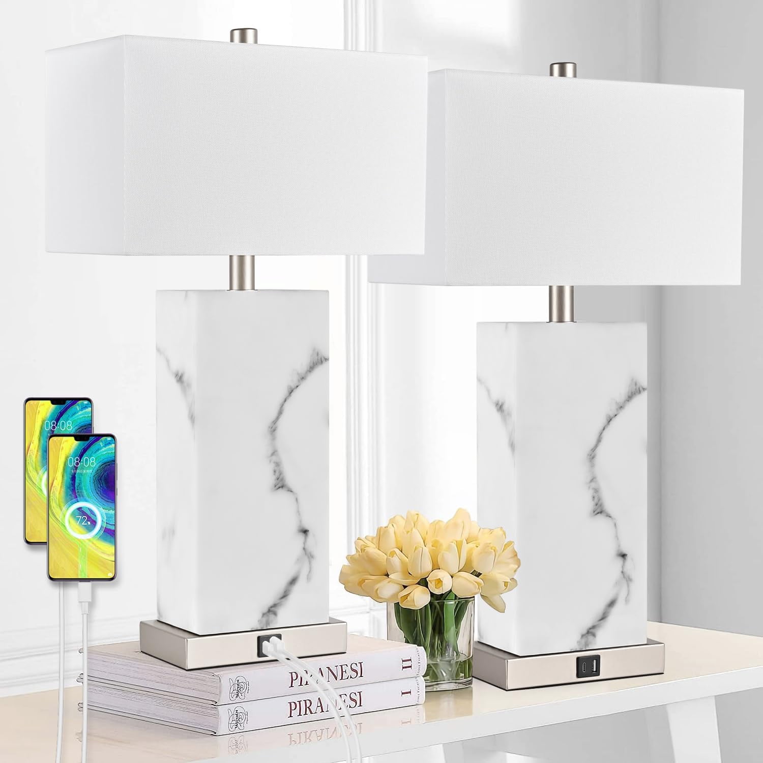 24" Silver Touch Table Lamp Set of 2 with USB Ports, 3-Way Dimmable ...