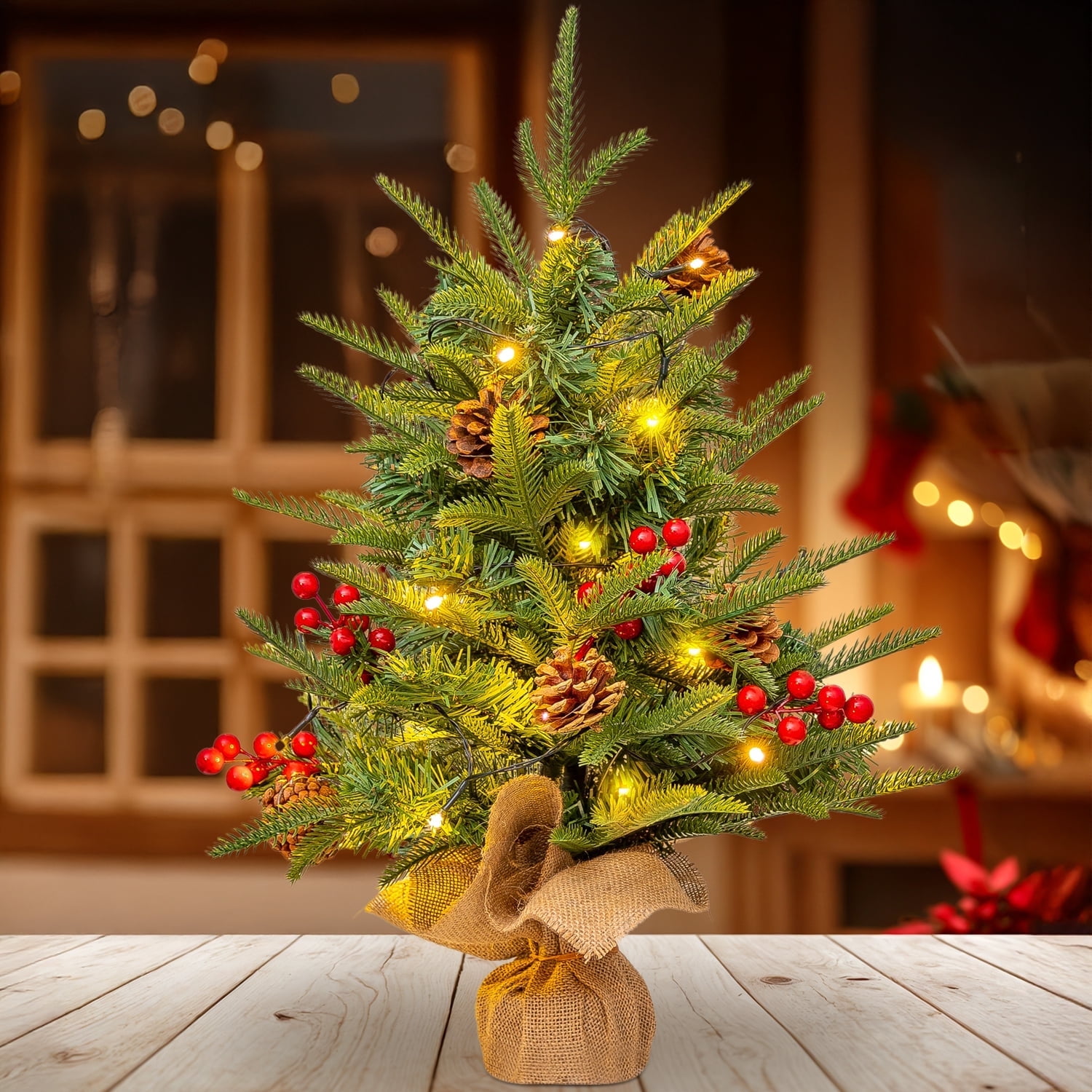 iFanze Pre-lit Tabletop Christmas Tree, Mini Xmas Pine with Ornaments ...