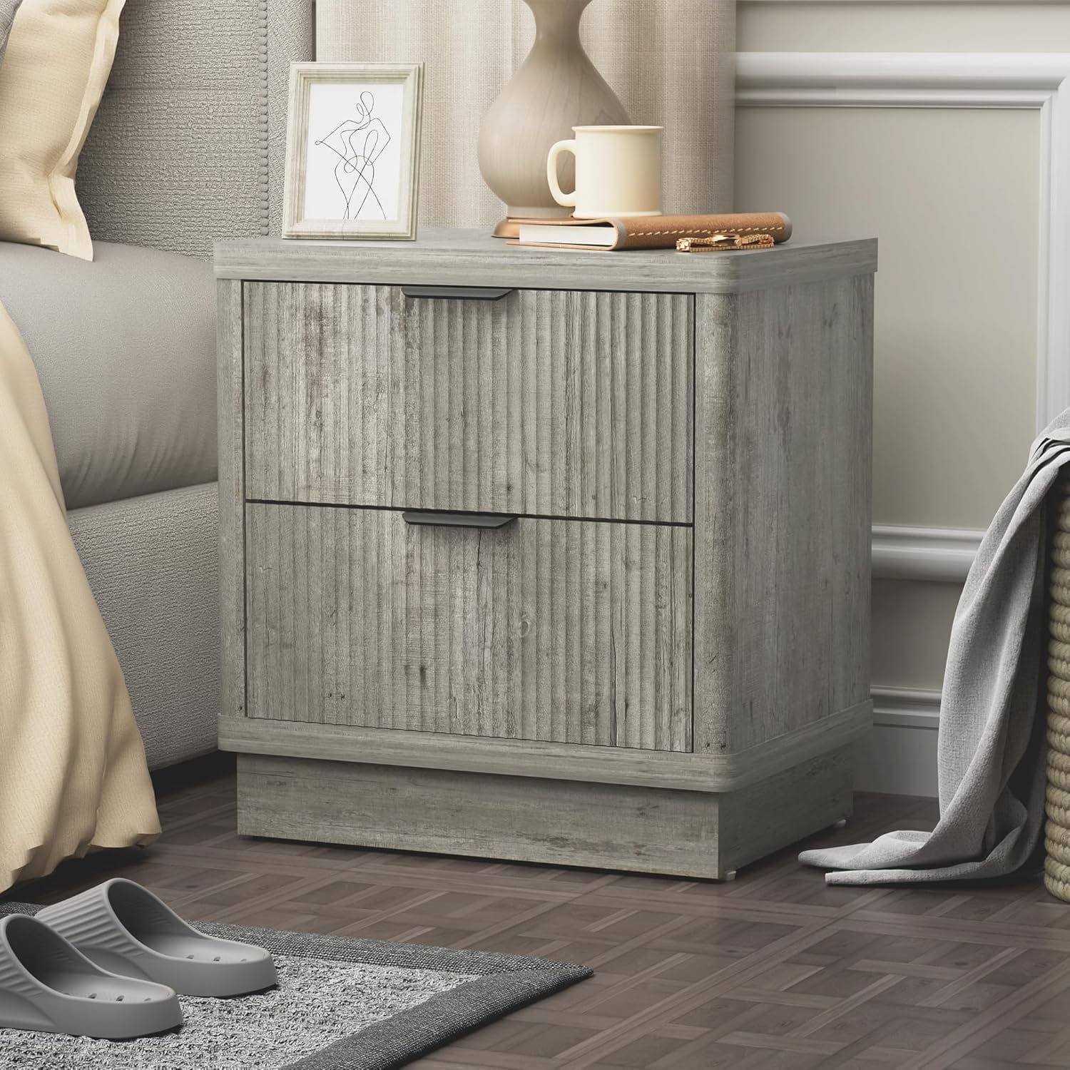 24 inch Tall Nightstand, Farmhouse End Table with 2 Deep Drawers Bed ...