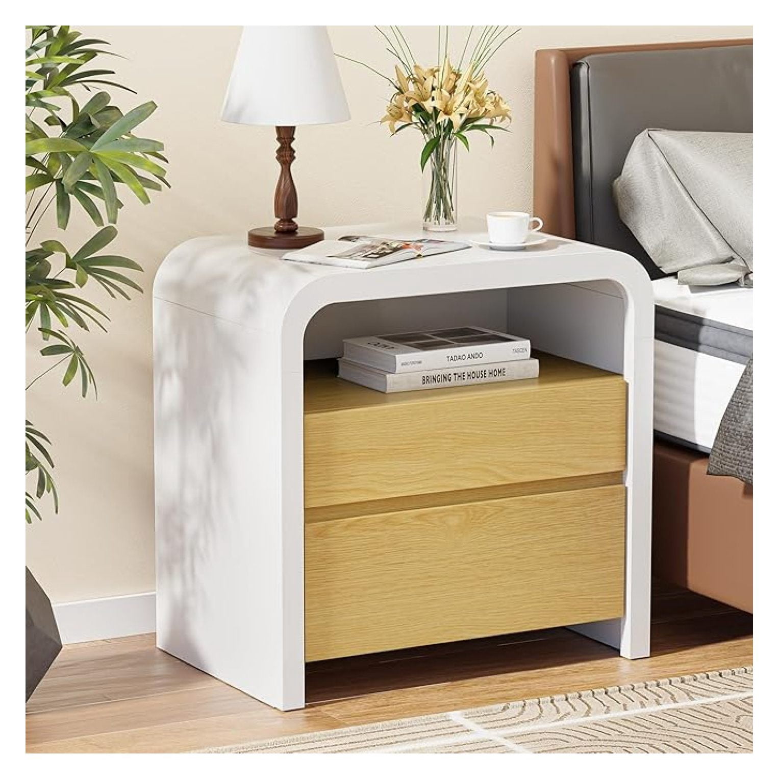 24 inches White Modern Nightstand, Bedside Table with Curved Anti ...