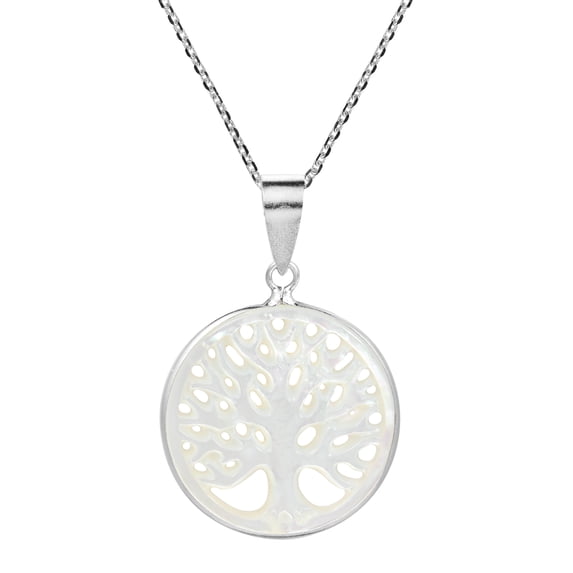 24 mm Round Tree of Life Carved Mother of Pearl .925 Shell Sterling ...