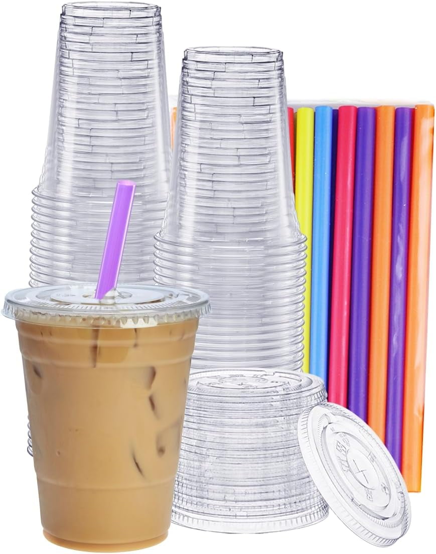[24 oz. - 100 Count Clear Cups with Flat Lids & Straws - Disposable ...