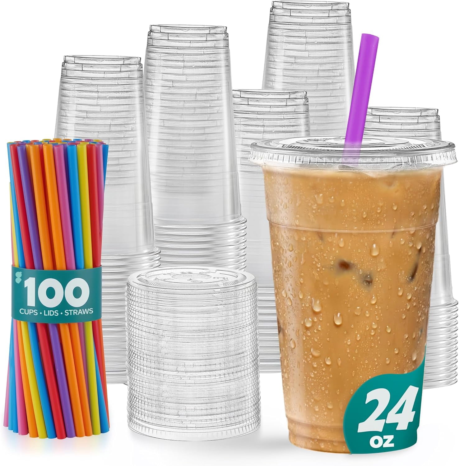 [24 oz. - 100 Count Clear Cups with Flat Lids & Straws - Disposable ...