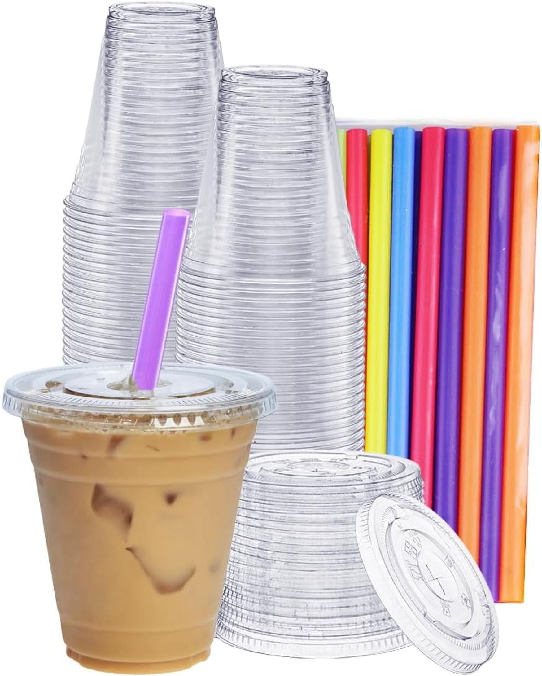 [24 oz. - 100 Count Clear Cups with Flat Lids & Straws - Disposable ...