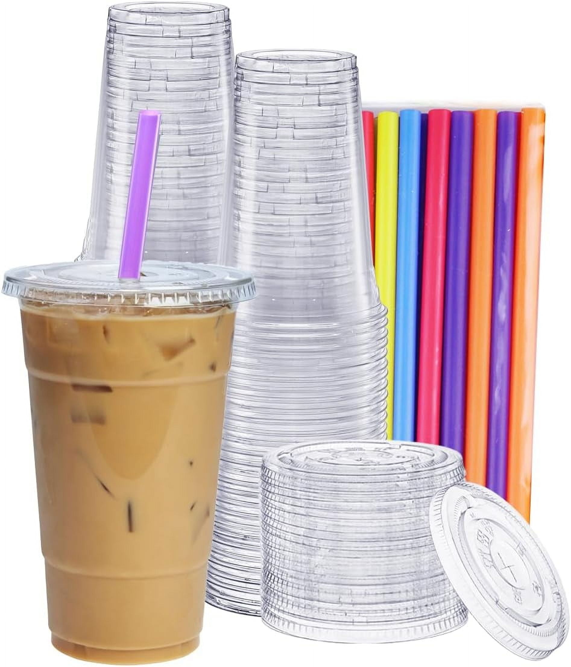 [24 oz. - 100 Count Clear Cups with Flat & Straws - Disposable Clear ...