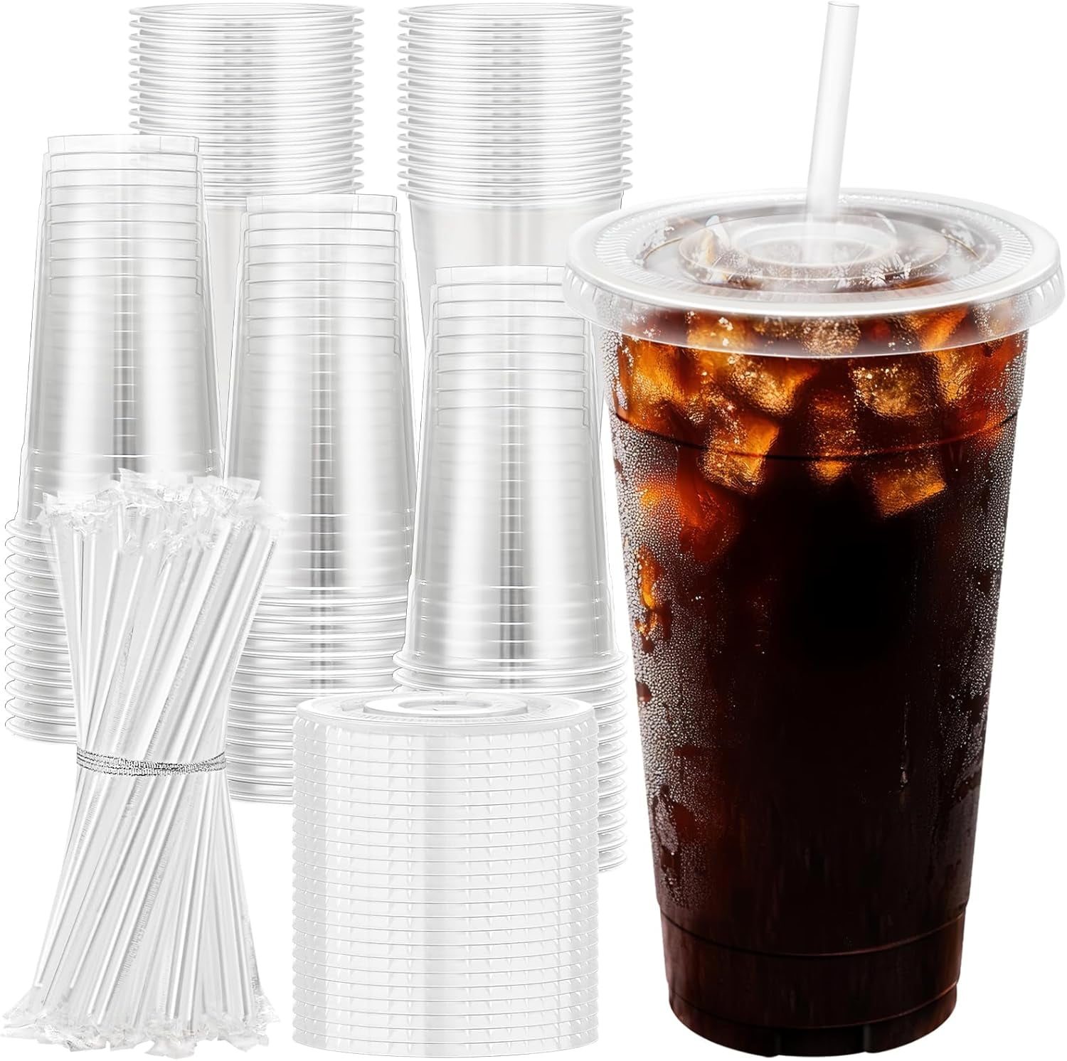 24 oz 100 Pack Plastic Cups with Lids and Straws, Sturdy Food Safe Iced ...