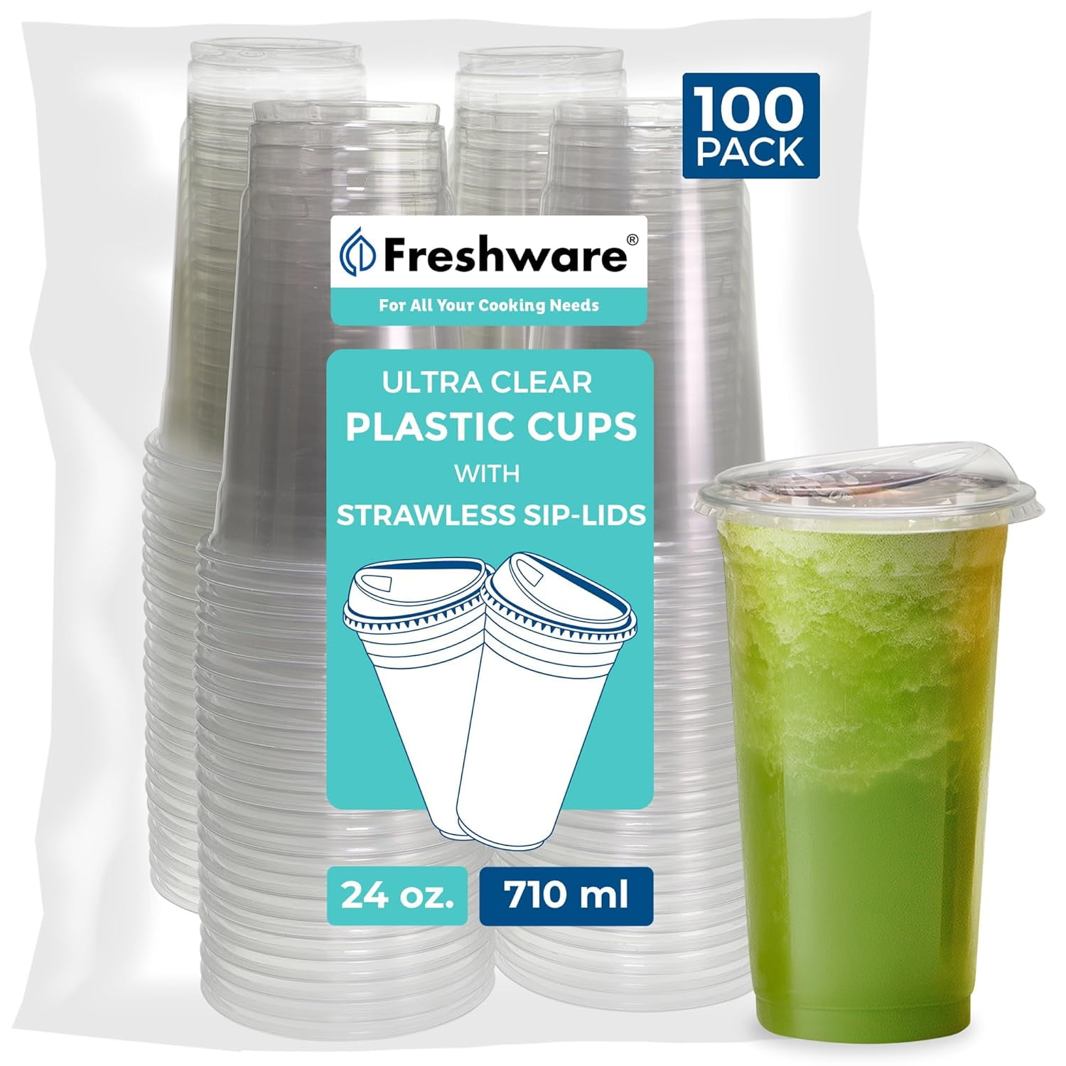 24 oz Clear Disposable Plastic Cups with Strawless Sip Lids, 100 Pack ...