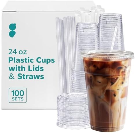 24 oz Clear Plastic Cups with Lids and Straws [100 Count] Disposable ...