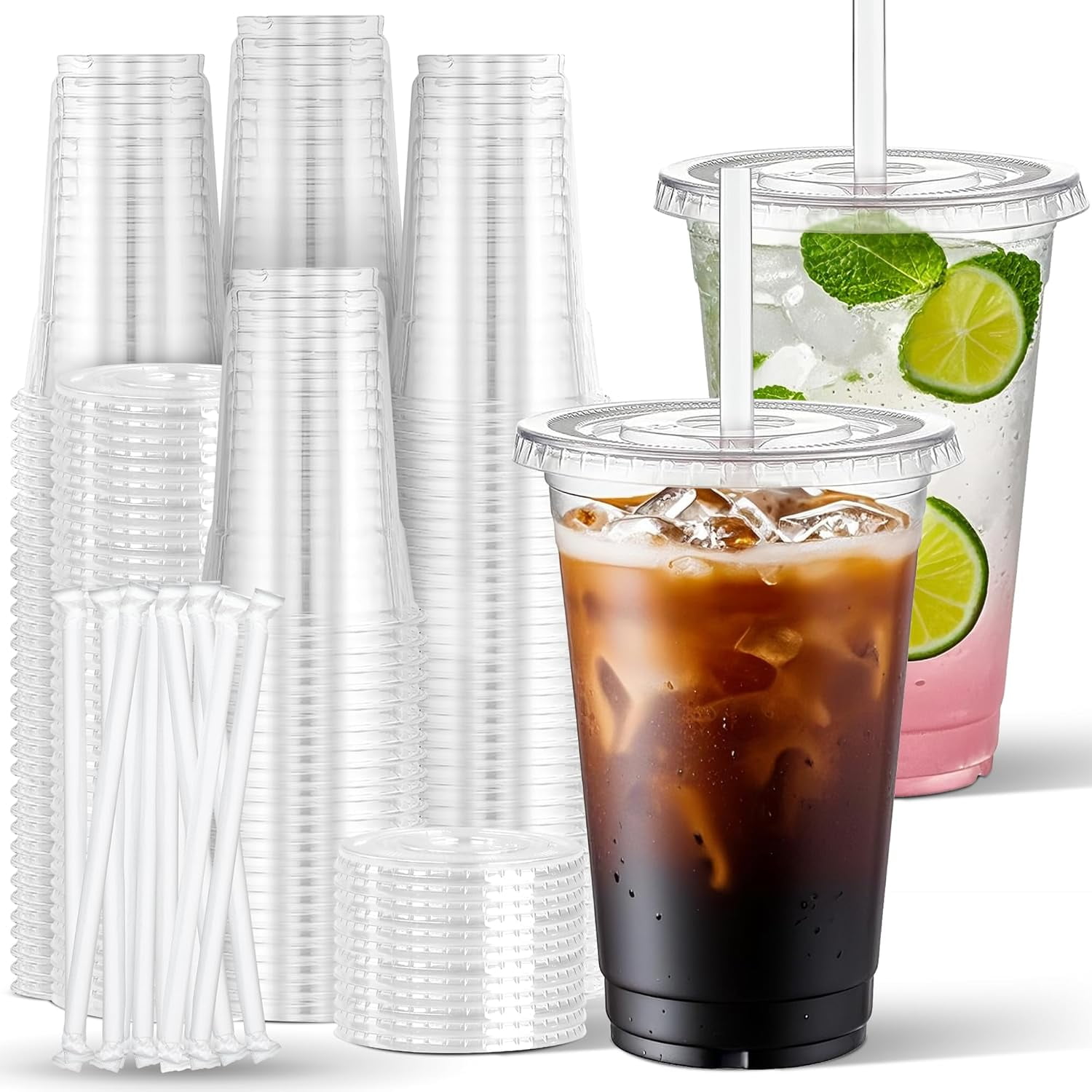 24 oz Clear Plastic Cups with Lids and Straws 100 Sets Disposable To Go ...