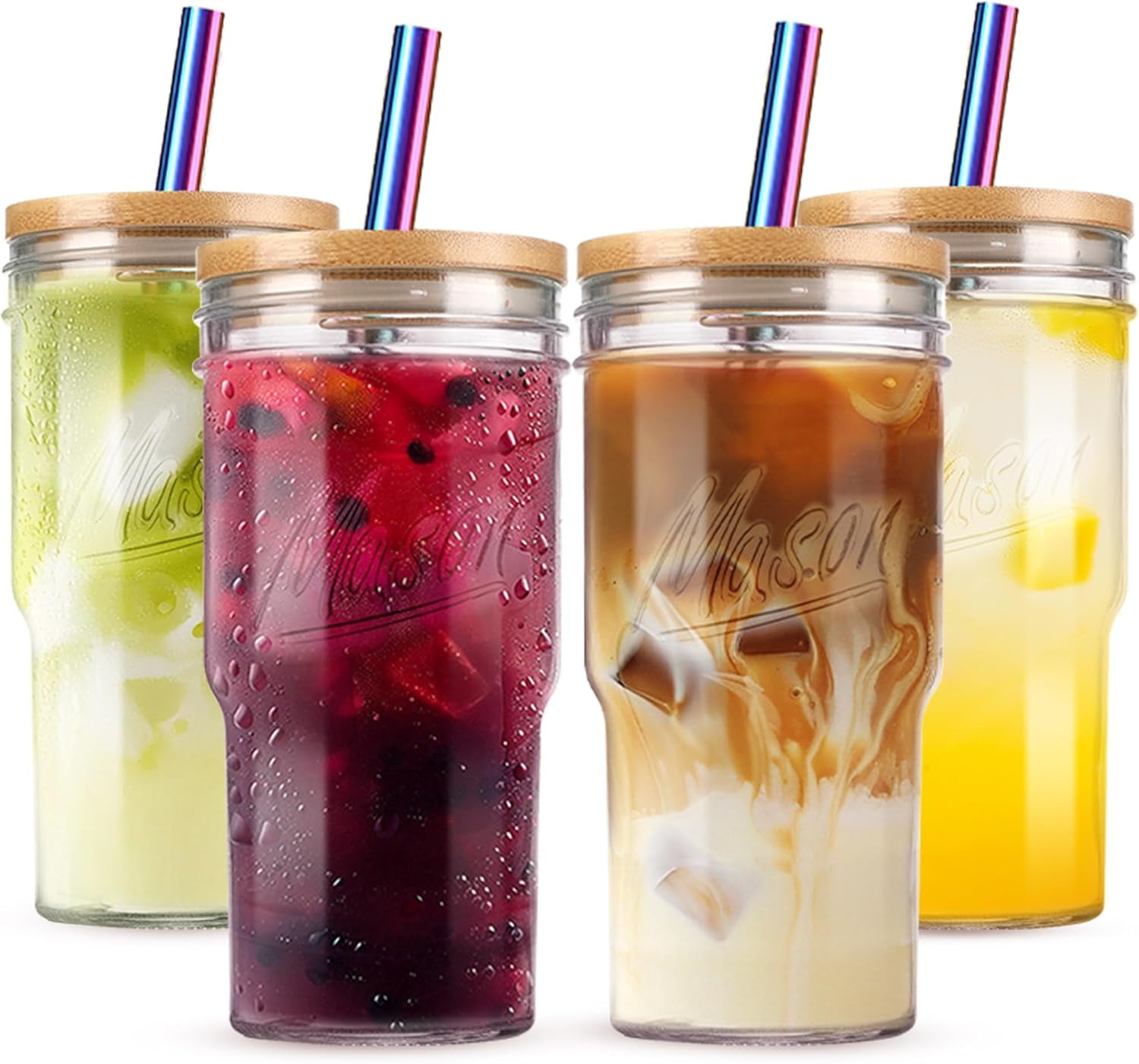 24 oz Glass Cups with Lids and Straws - 4 Pack Glass Tumbler Cups Wide ...