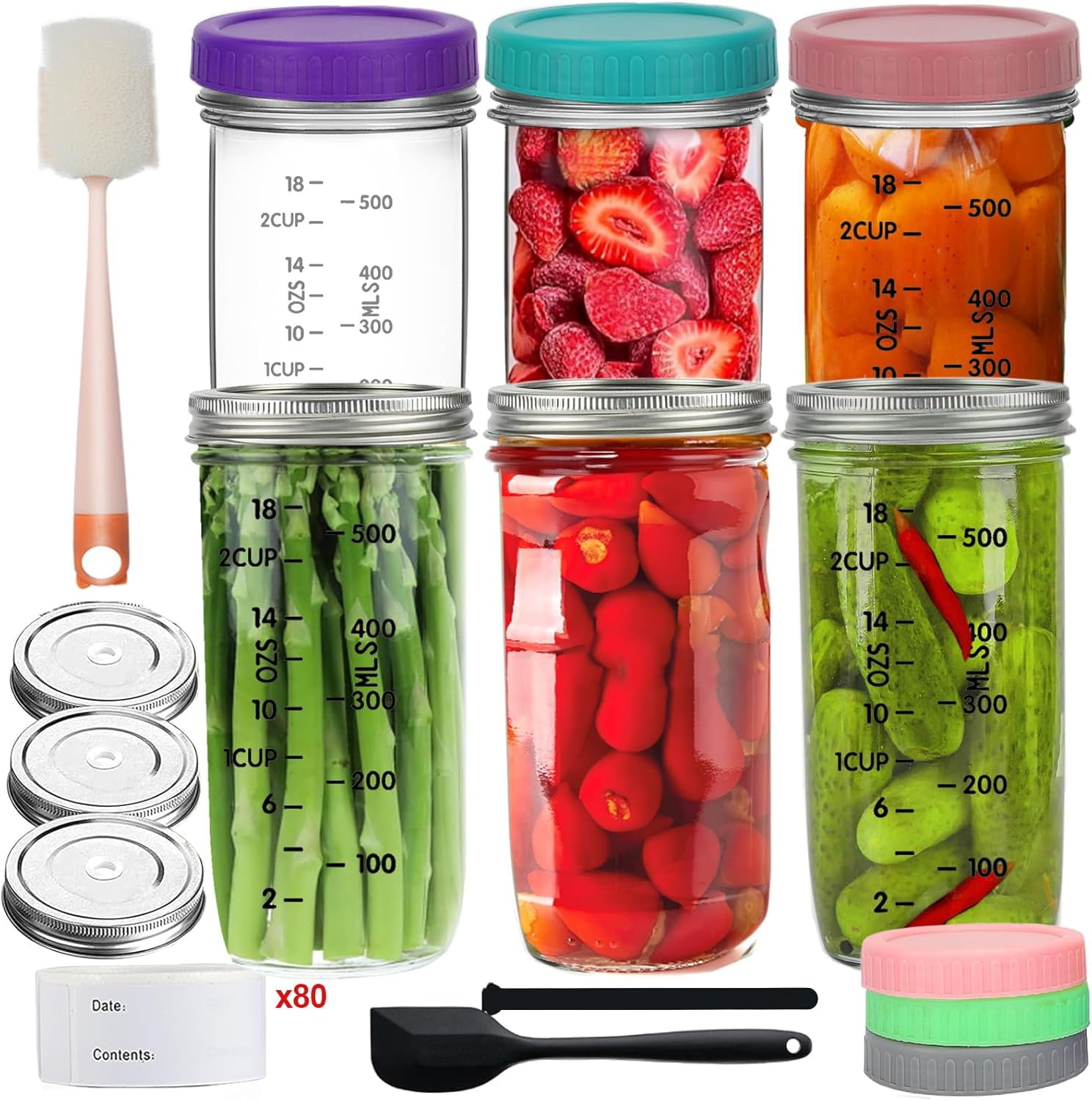 24 oz Wide Mouth Mason Jars with Lids, Set of 6, Large Tall Clear Glass ...