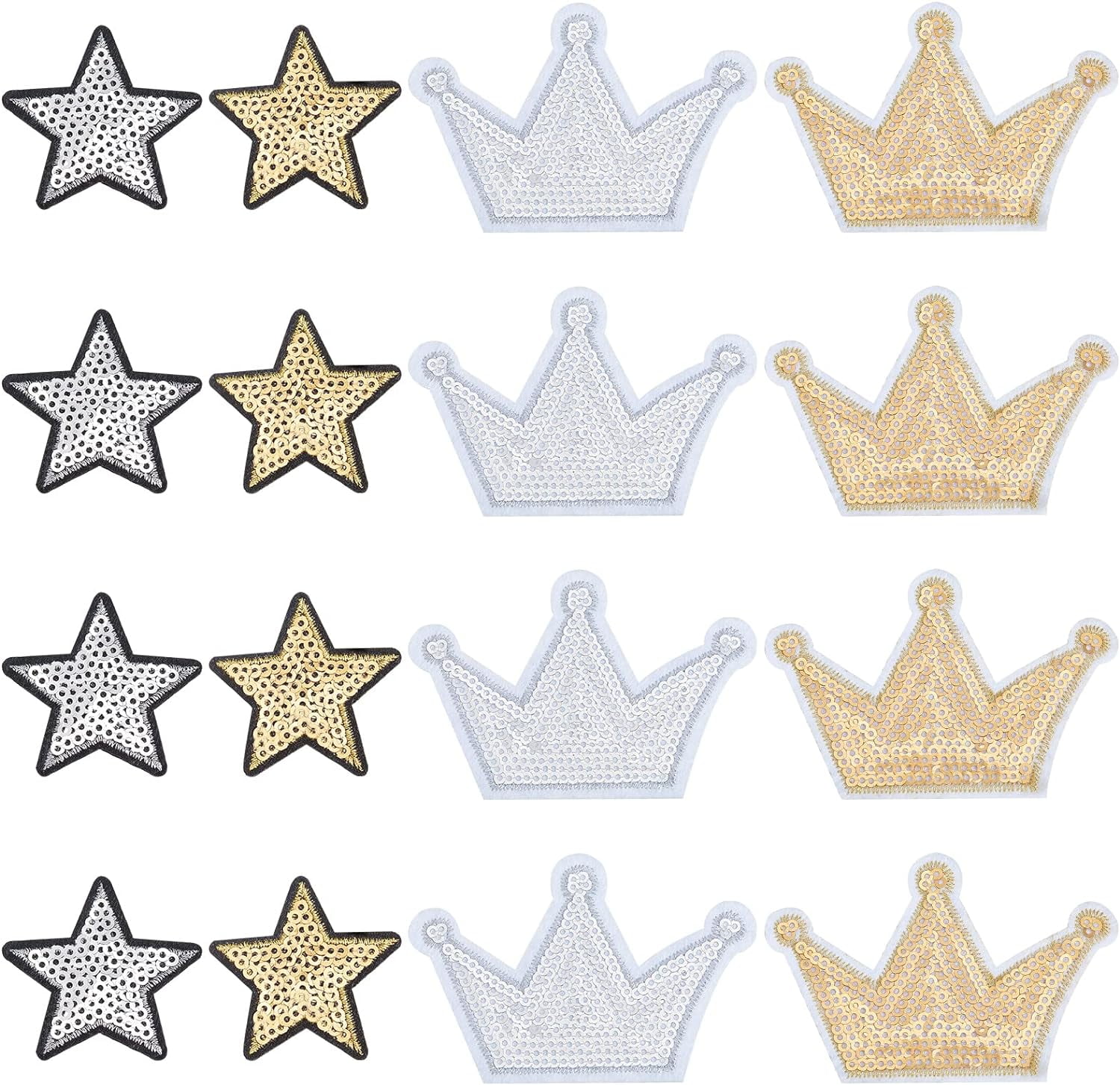 24 pcs Star & Crown Sew/Iron on Applique Golden Glitter Applique Sliver Shinny Patches Sequins ...