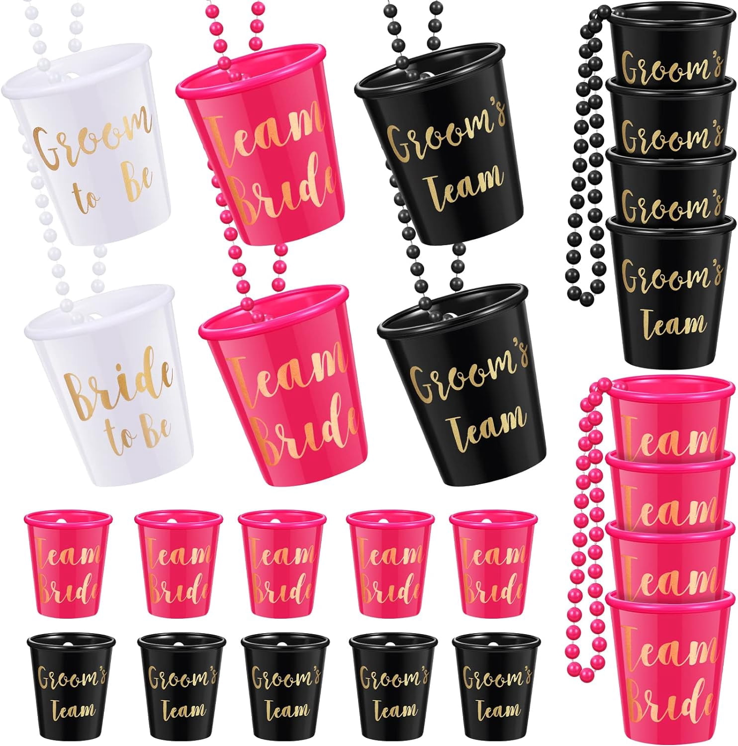 **24 shot glass necklace on beaded with gold foil team bride and bride ...