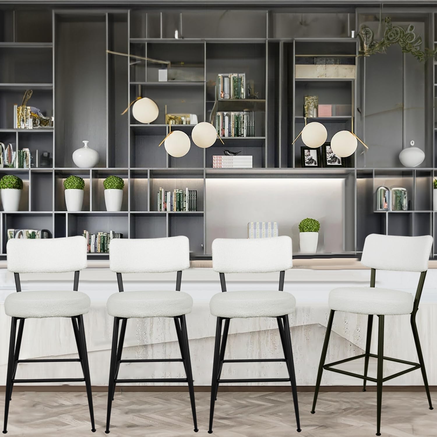 24\u201D Boucle Stools Counter Height Stools with Back Sherpa Barstools ...