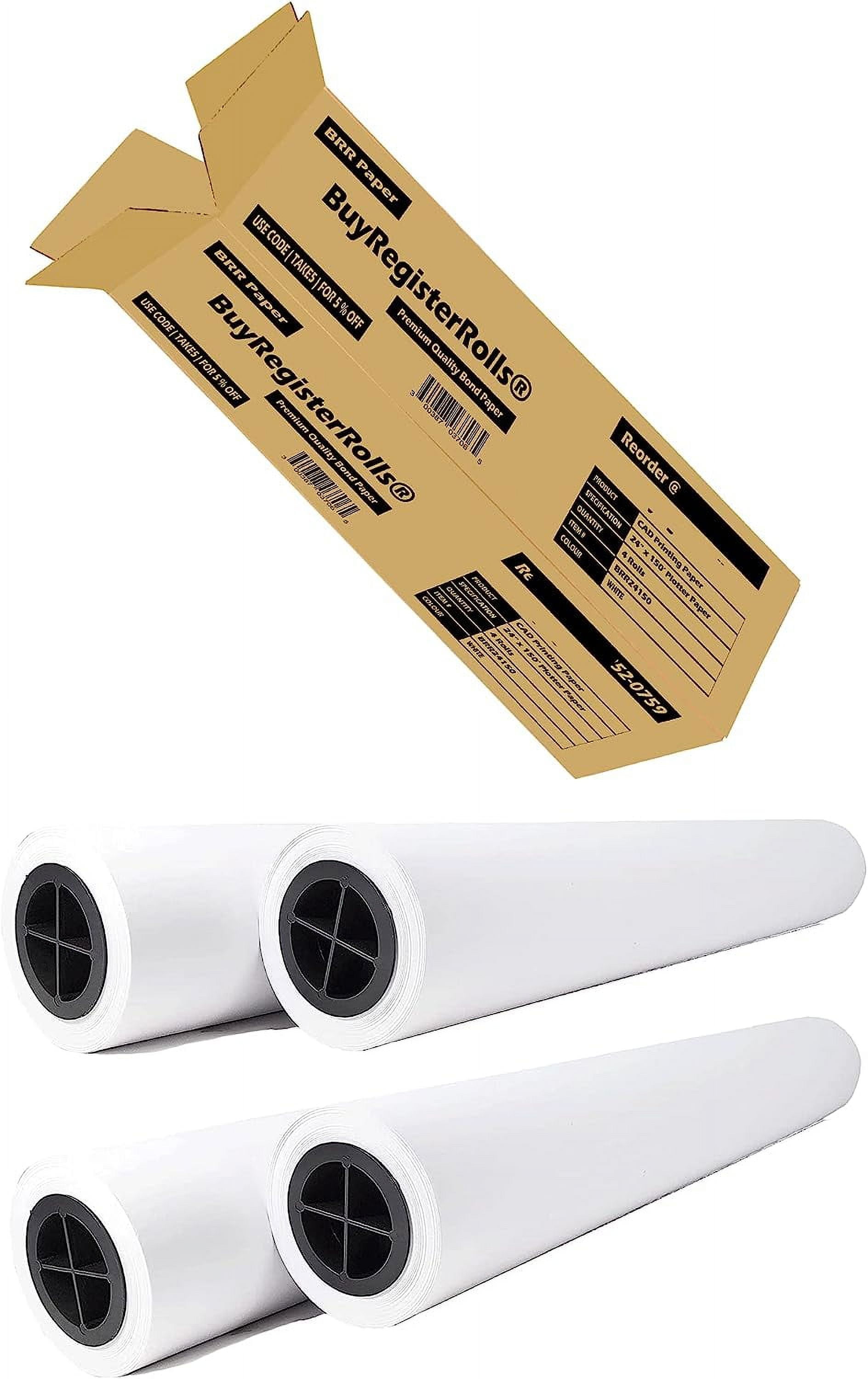 24’’ x 150’ Plotter Paper (New and Premium 4 Rolls) 20 lb Uncoated 96 Bright White (75 GSM with ...