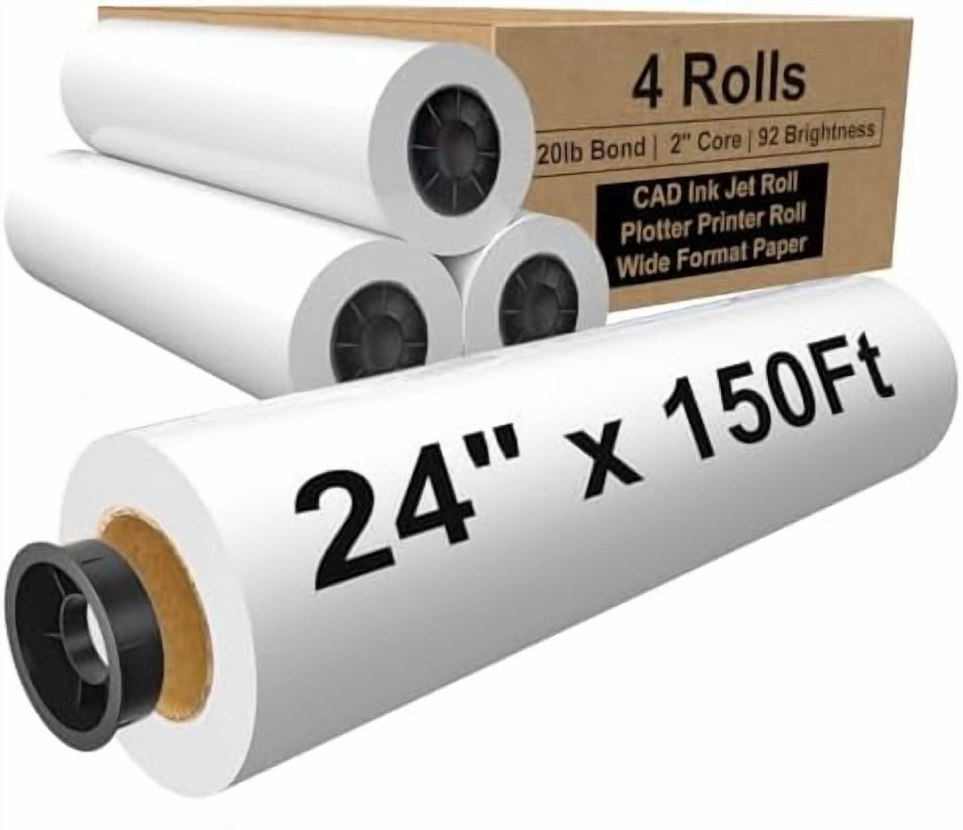 24" x 150ft Wide Format Paper 2" Core, White Plotter Paper CAD Bond 4 ...