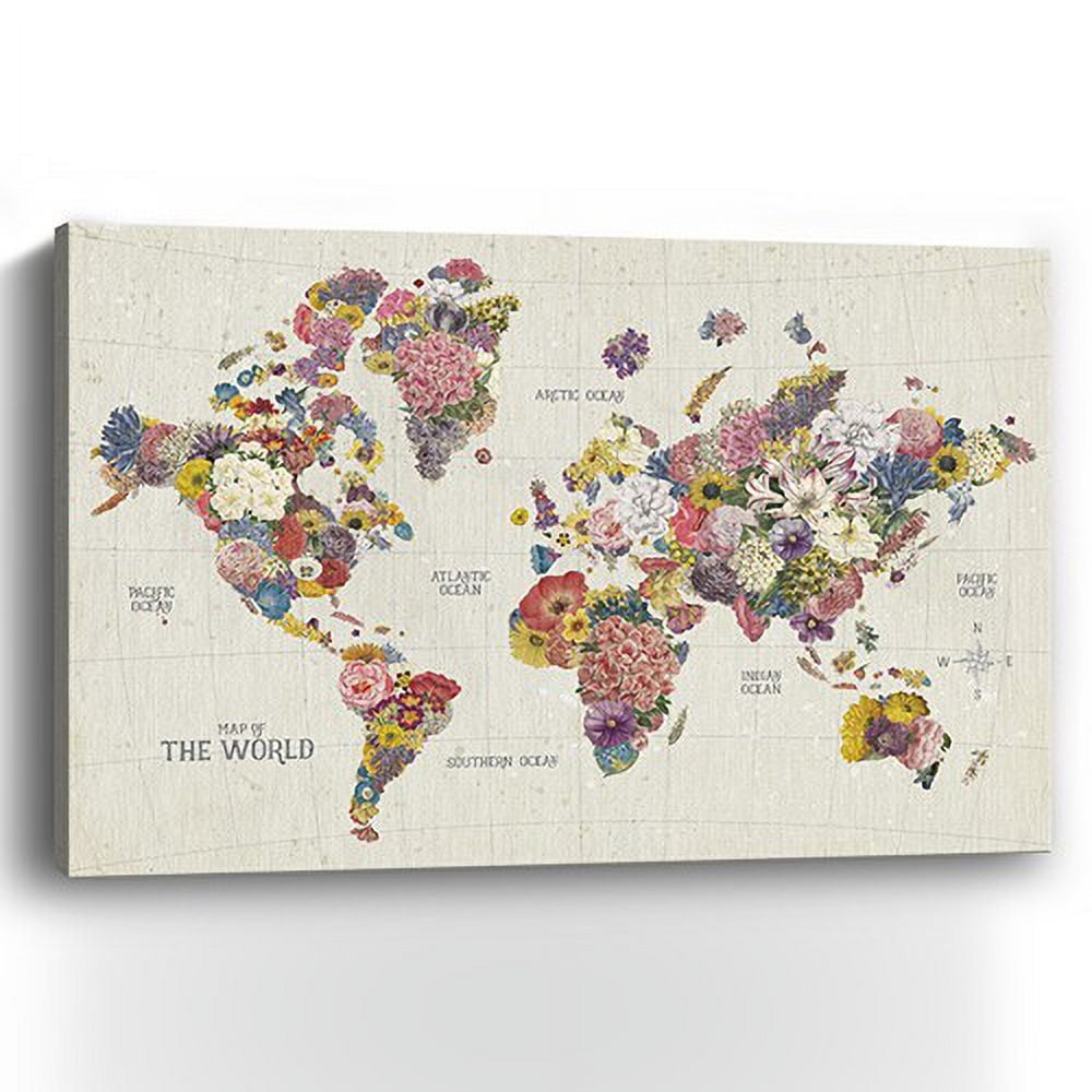 24" x 16" Fun Floral Map of the World Canvas Wall Art - Walmart.com