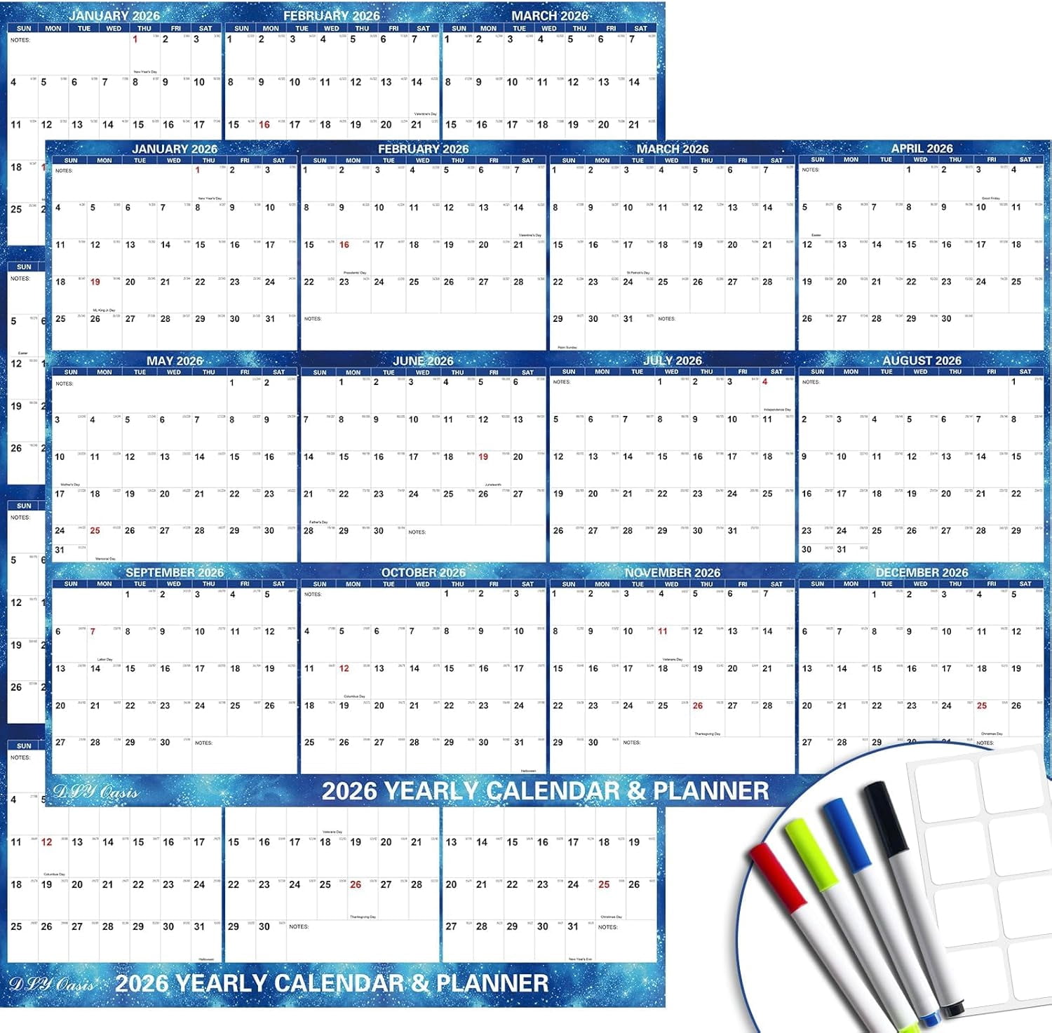 24" x 36" 2026 Wall Calendar Dry Erase - Large Starry Sky Calendar Wet ...