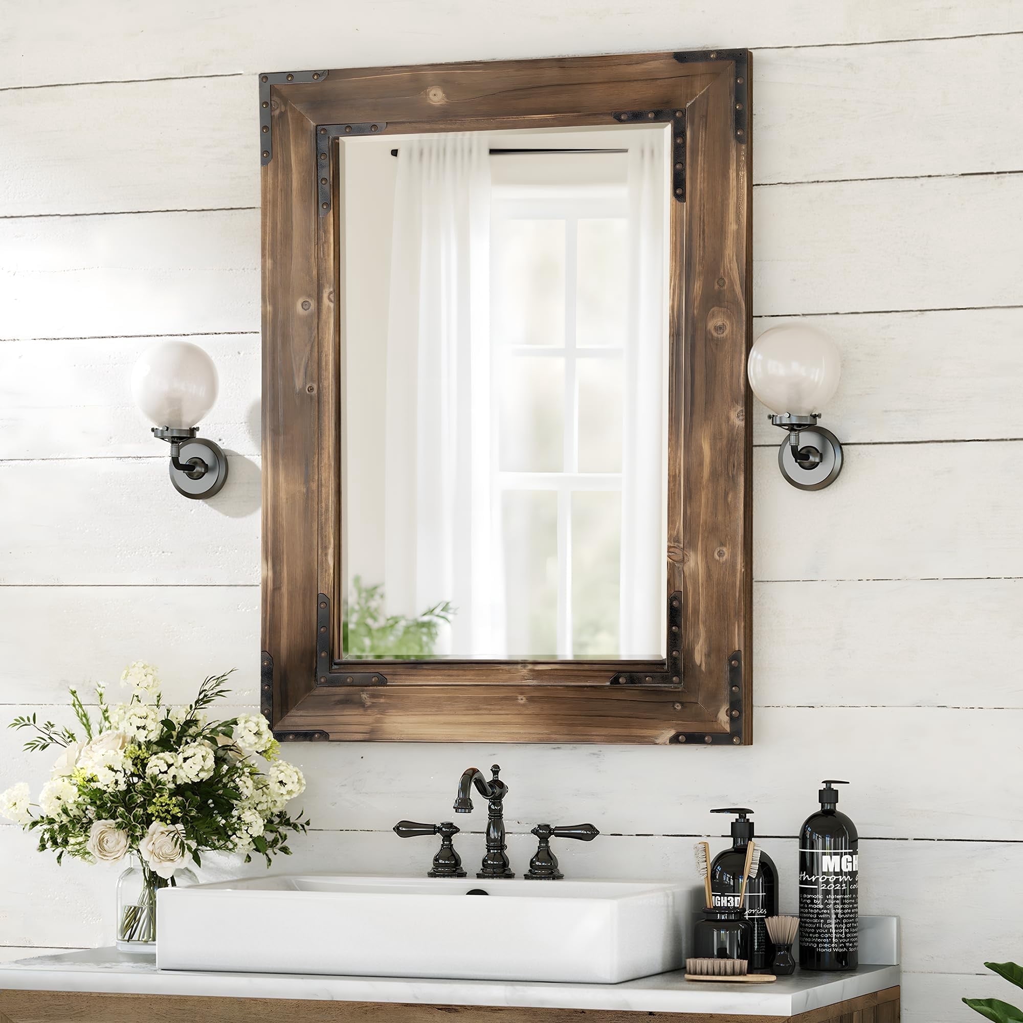 24" x 36" Rustic Wood Bathroom Mirror, Industrial Farmhouse Wall Mirror ...