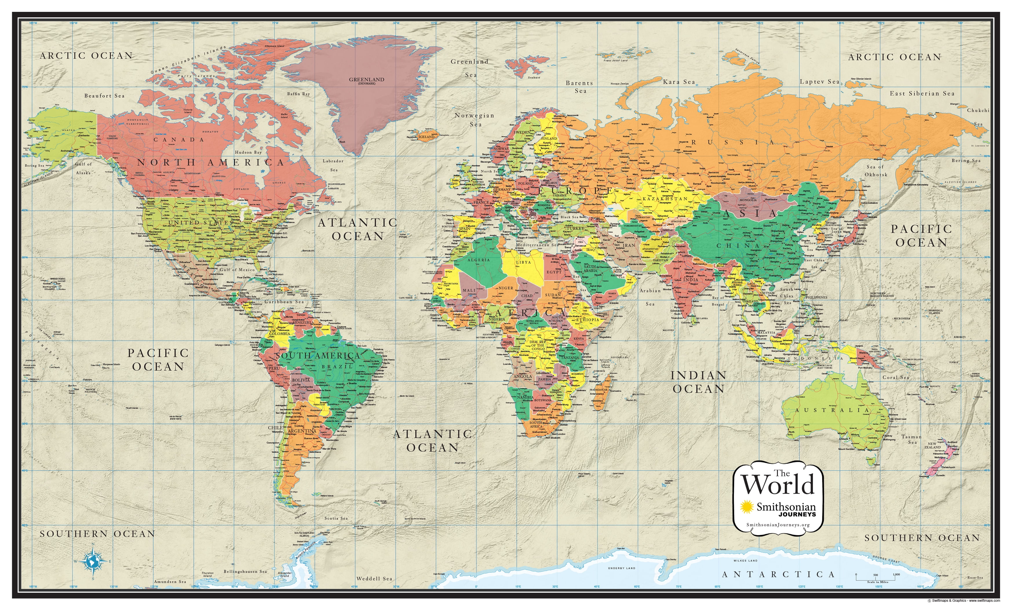 24" x 36" Smithsonian Journeys Tan Ocean World Wall Map - Laminated ...