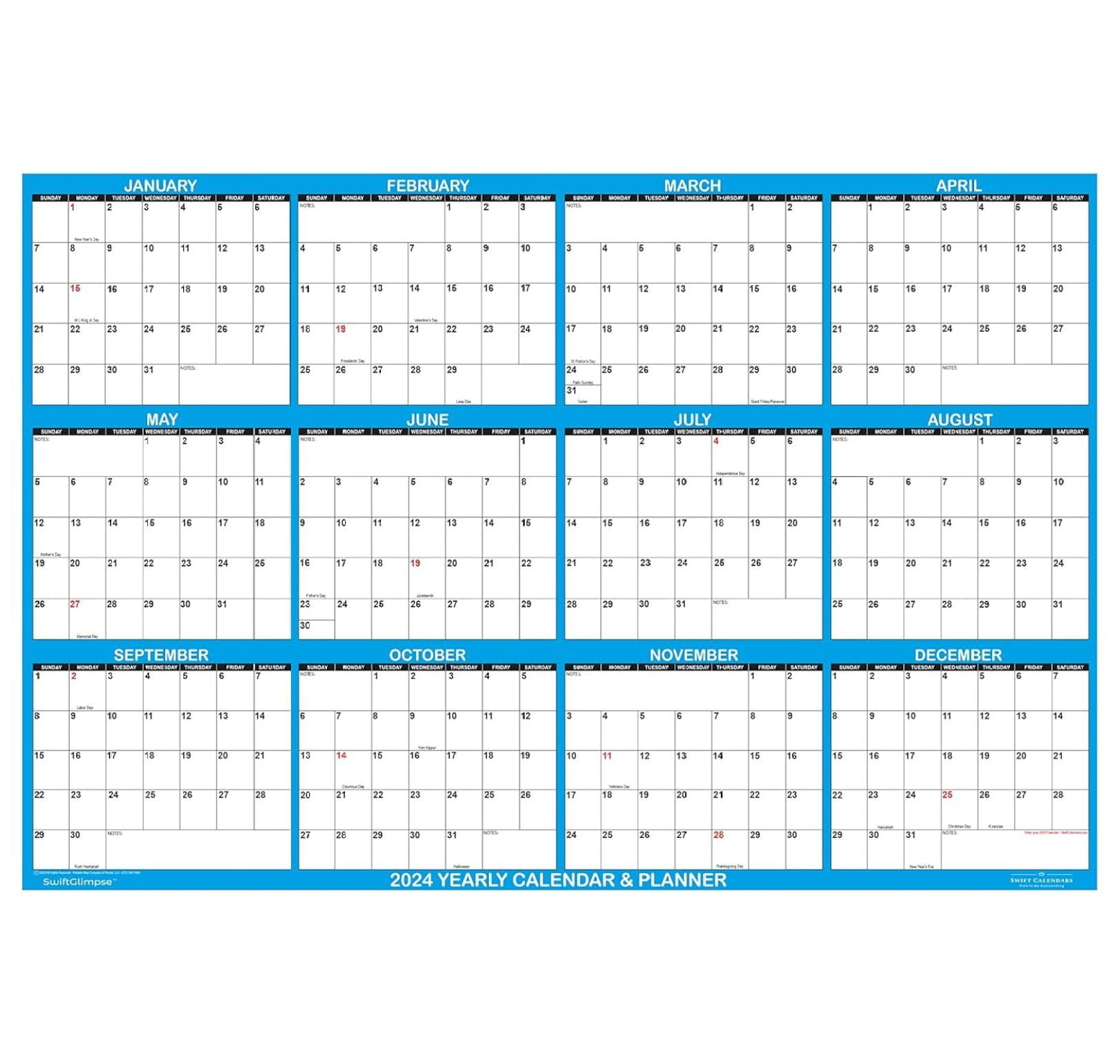 24" x 36" SwiftGlimpse 2024 Wall Calendar Erasable Large Wet & Dry ...