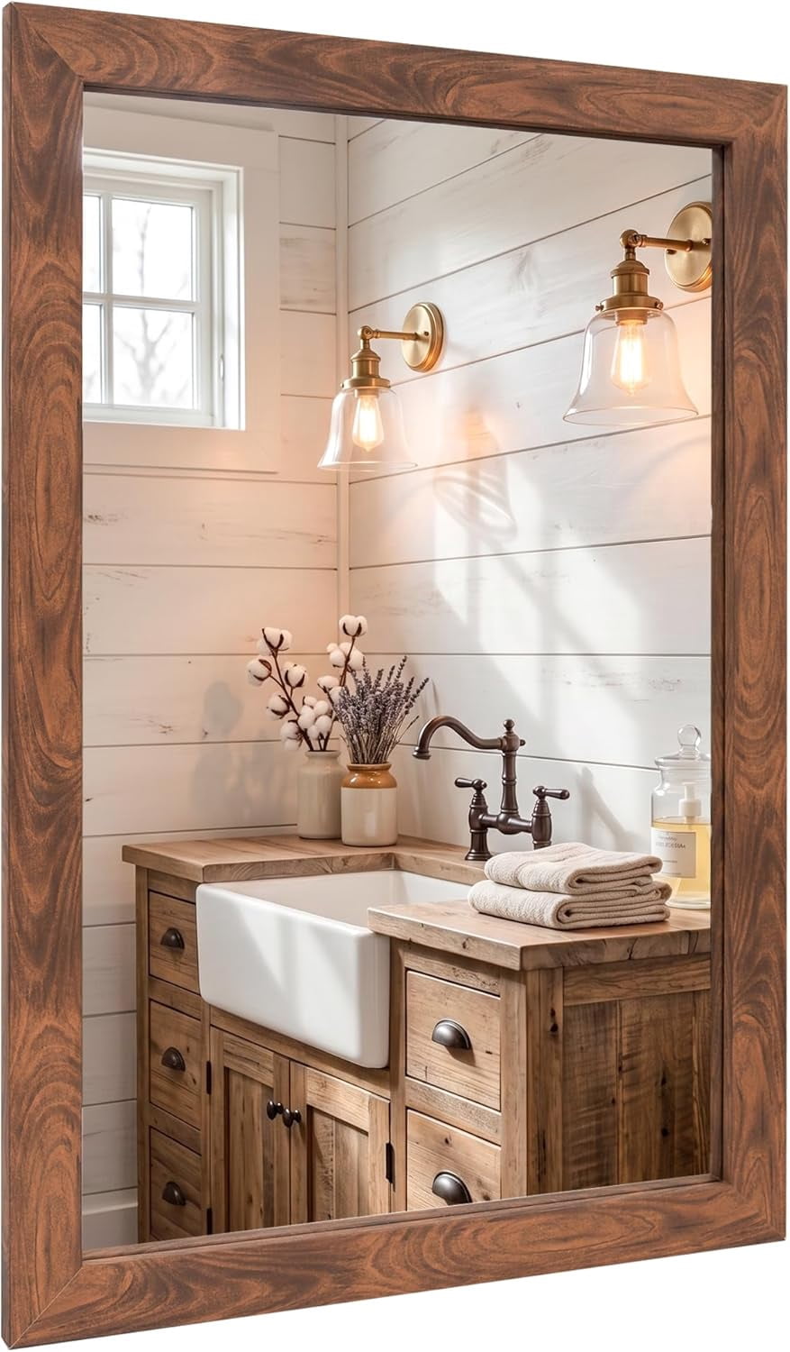 24" x 36" Walnut Brown Bathroom Mirror with Waterproof Frame, Wood-Look ...