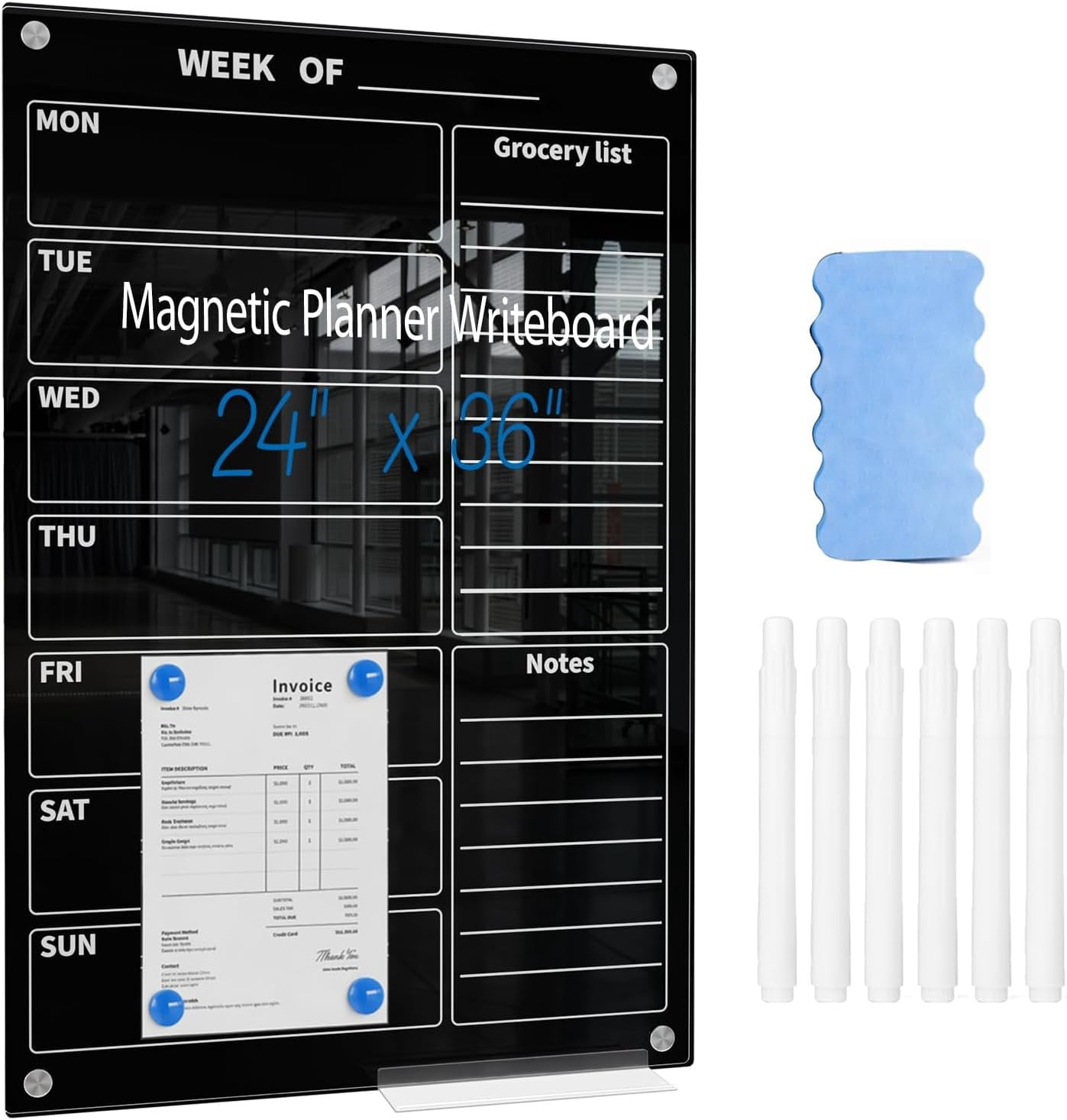 24" x 36" Weekly Glass Planner Whiteboard Frameless Black Dry Erase ...