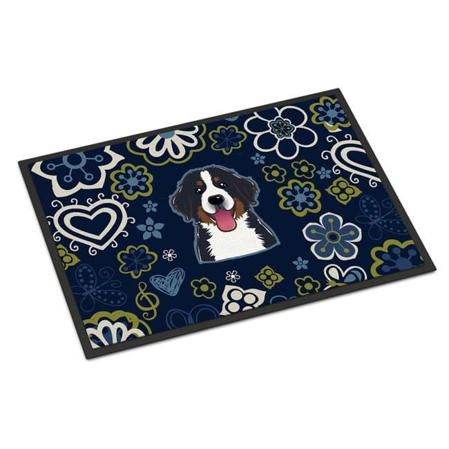 24 x 36 in. Blue Flowers Bernese Mountain Dog Indoor or Outdoor Mat ...