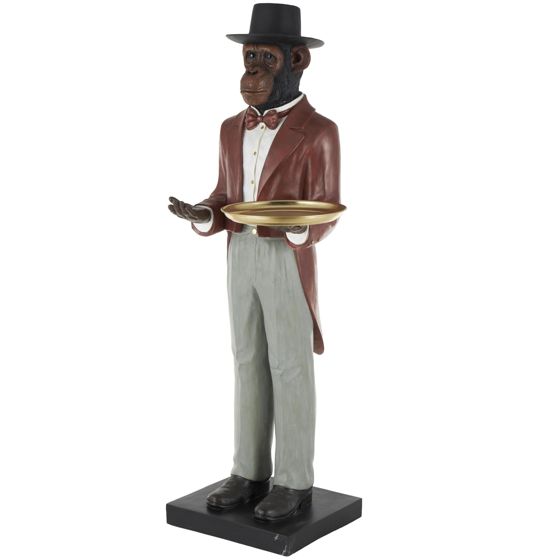 24" x 64" Red Resin Tall Waiter Monkey Sculpture with Gold Accent and ...