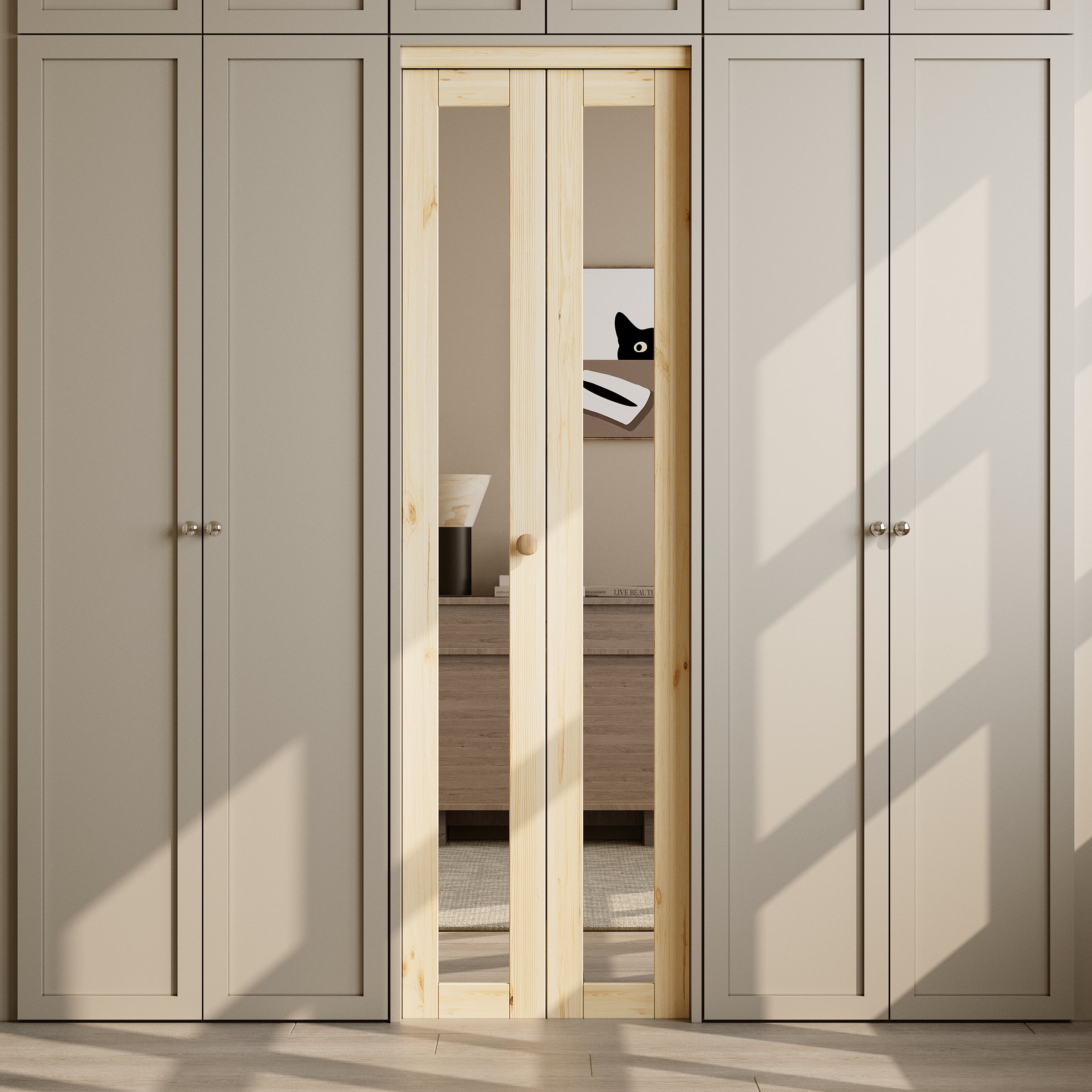 24" x 80" High Definition Mirror & Pine Wood Bifold Doors with Hardware ...