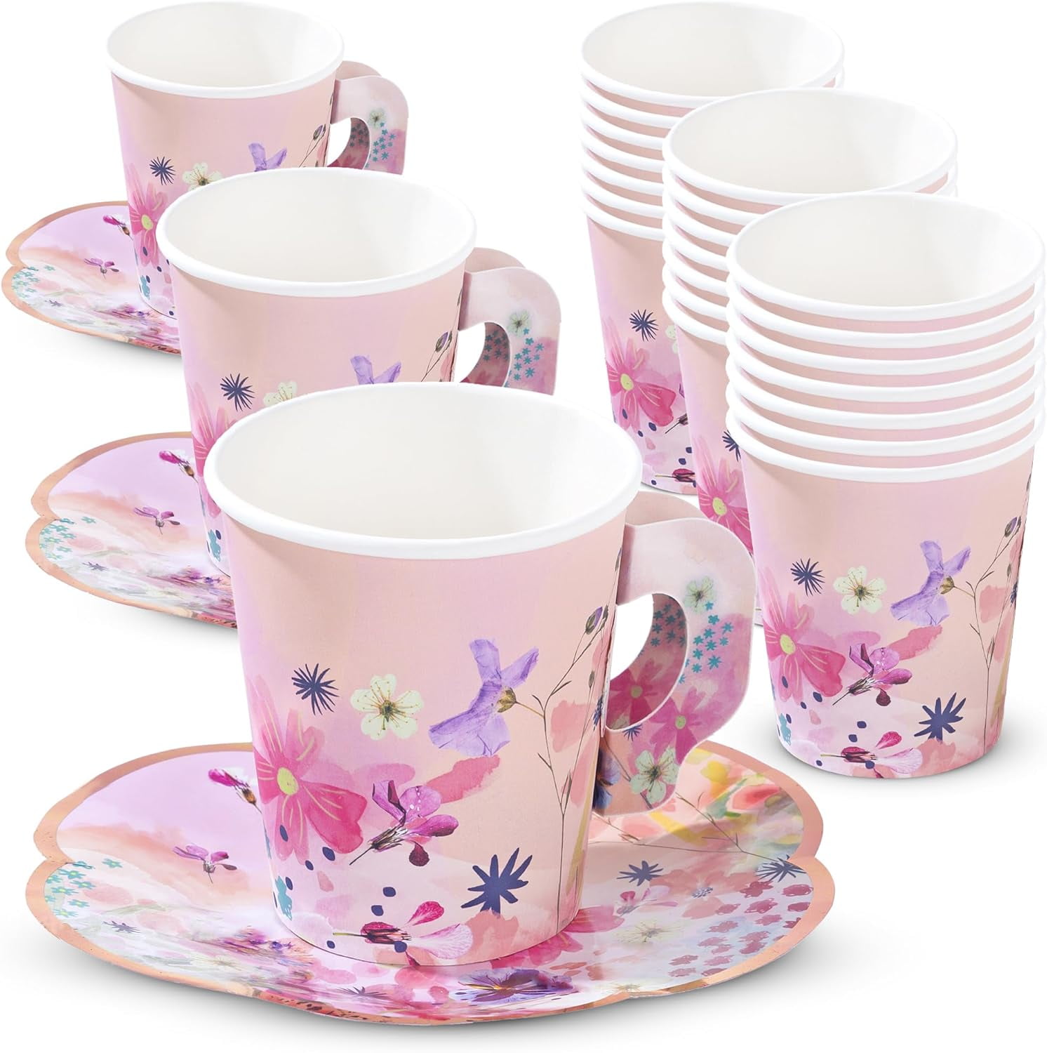 24 x Vintage Floral Teacups & Saucers Set Disposable Party Cups Pretty ...