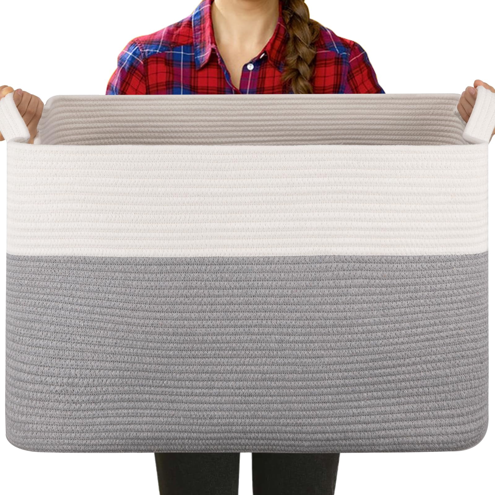 24"x16.9"x14.2" Grey & White Woven Cotton Rope Storage Basket - Walmart.com