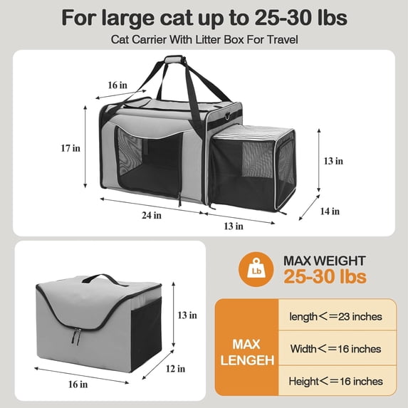 24"x17"x16" Extra Large Cat Carrier with Litter Box, Collapsible Large ...