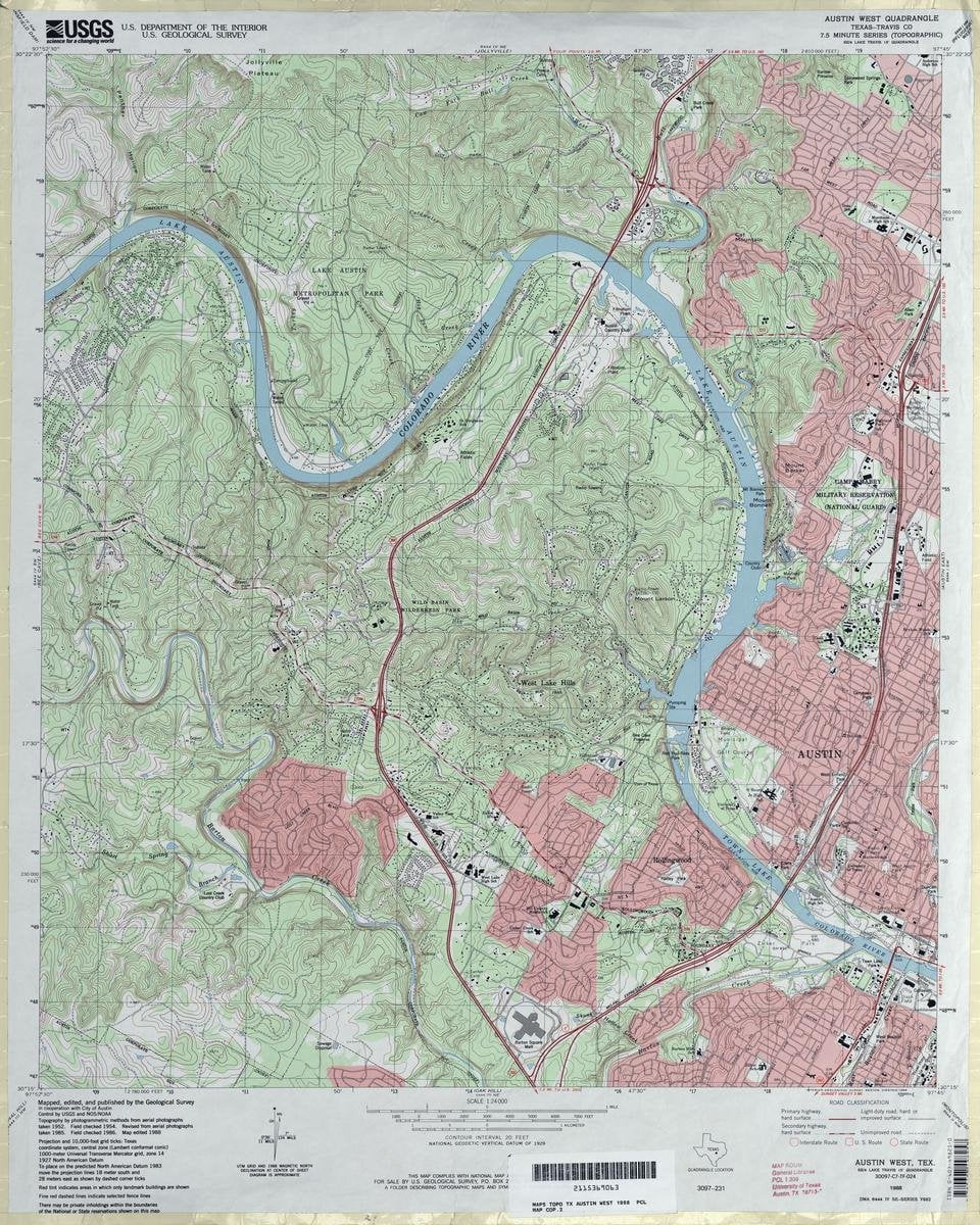 24"x30" Topographic map of Texas Austin West Quadrangle 7.5 minute ...
