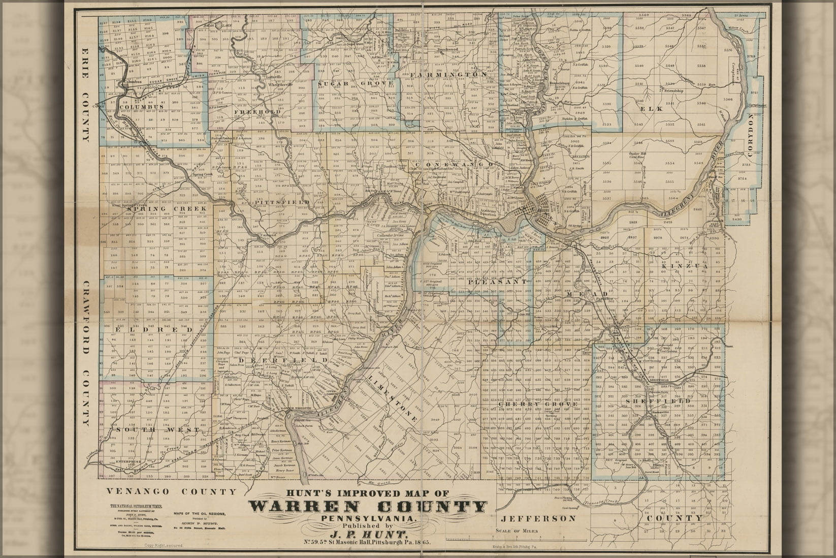 24"x36" Gallery Poster, Hunt's map of Warren County, Pennsylvania 1865 ...