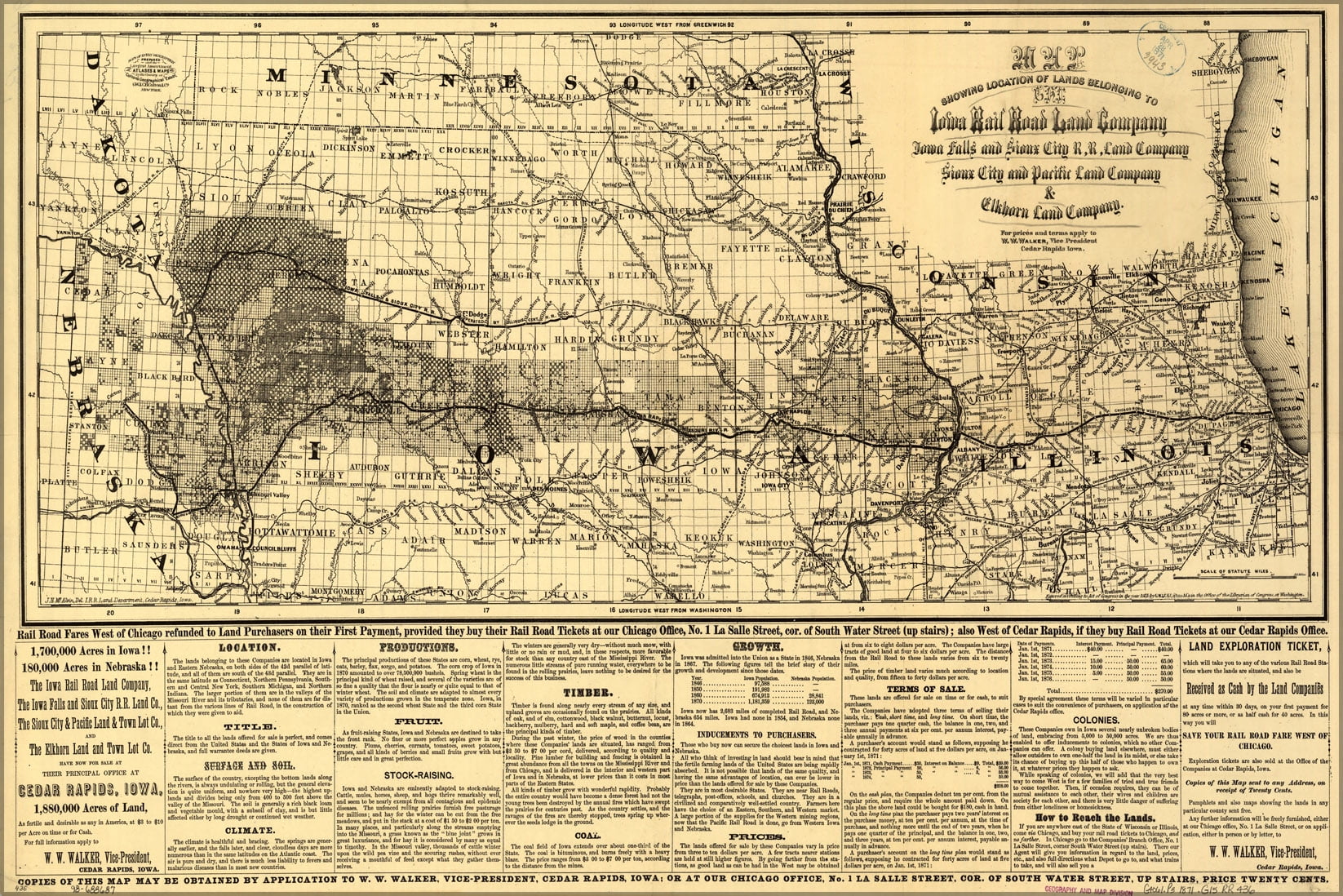 24"x36" Gallery Poster, Map Iowa RailRoad Land Company Sioux City 1871 ...