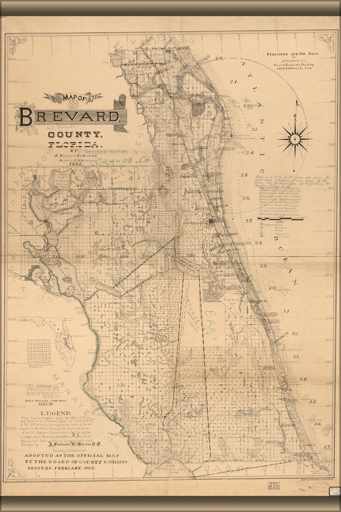 24"x36" Gallery Poster, Map of Brevard County, Florida 1893 - Walmart.com
