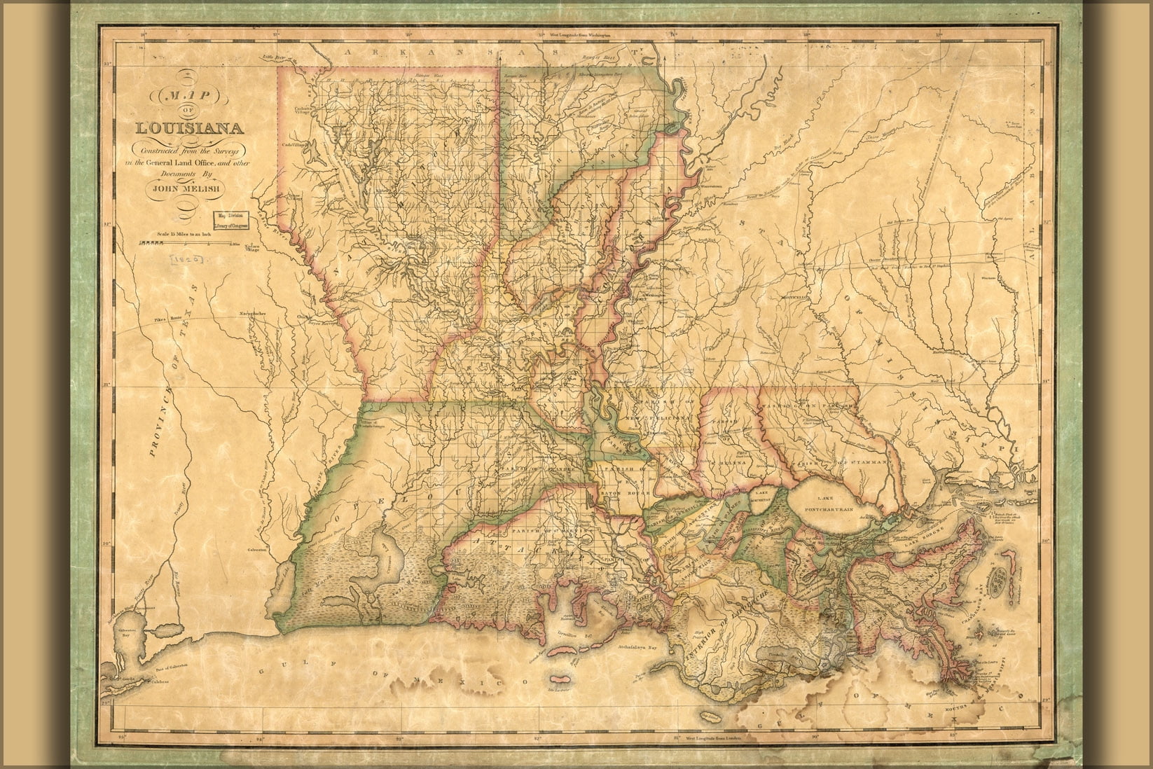 24"x36" Gallery Poster, Map of Louisiana 1820 - Walmart.com