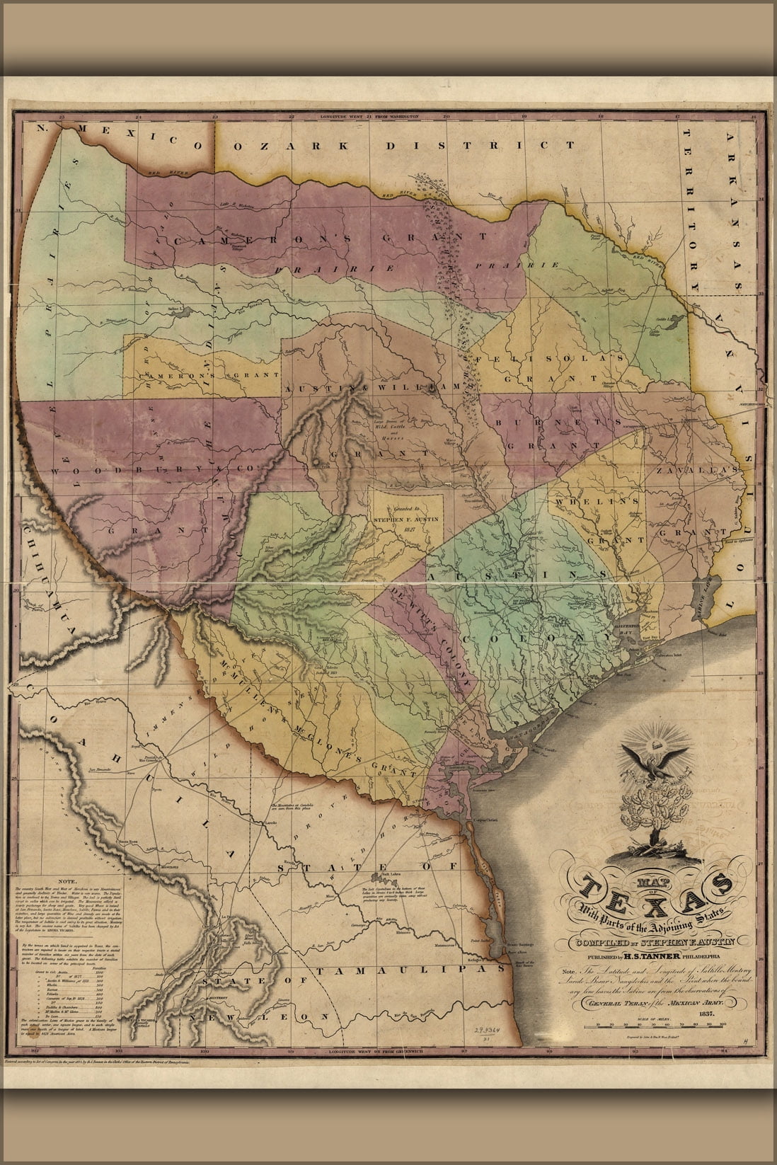 24"x36" Gallery Poster, Map of Texas compiled by Stephen F. Austin 1837 ...