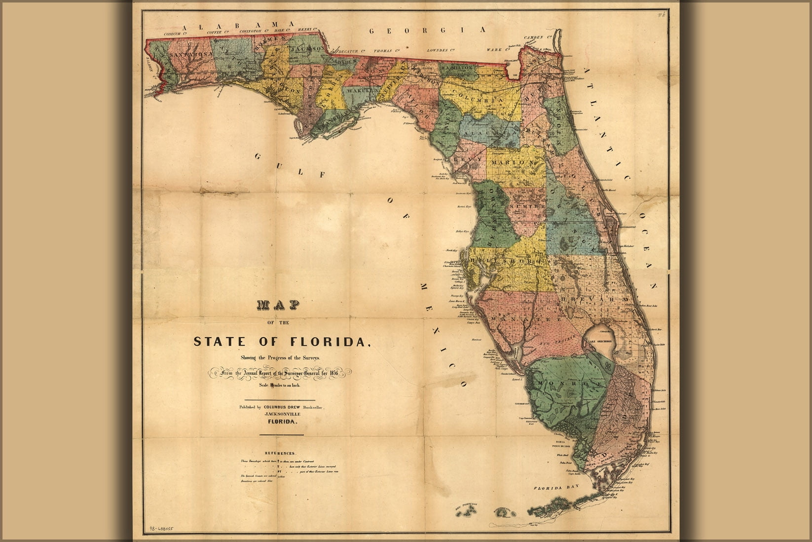 24"x36" Gallery Poster, Map of the State of Florida 1856 - Walmart.com