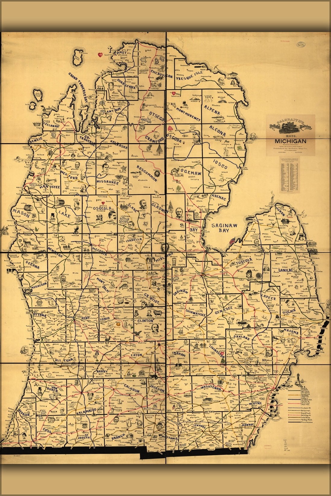 24"x36" Gallery Poster, Railroad map of Michigan circa 1897 by ...