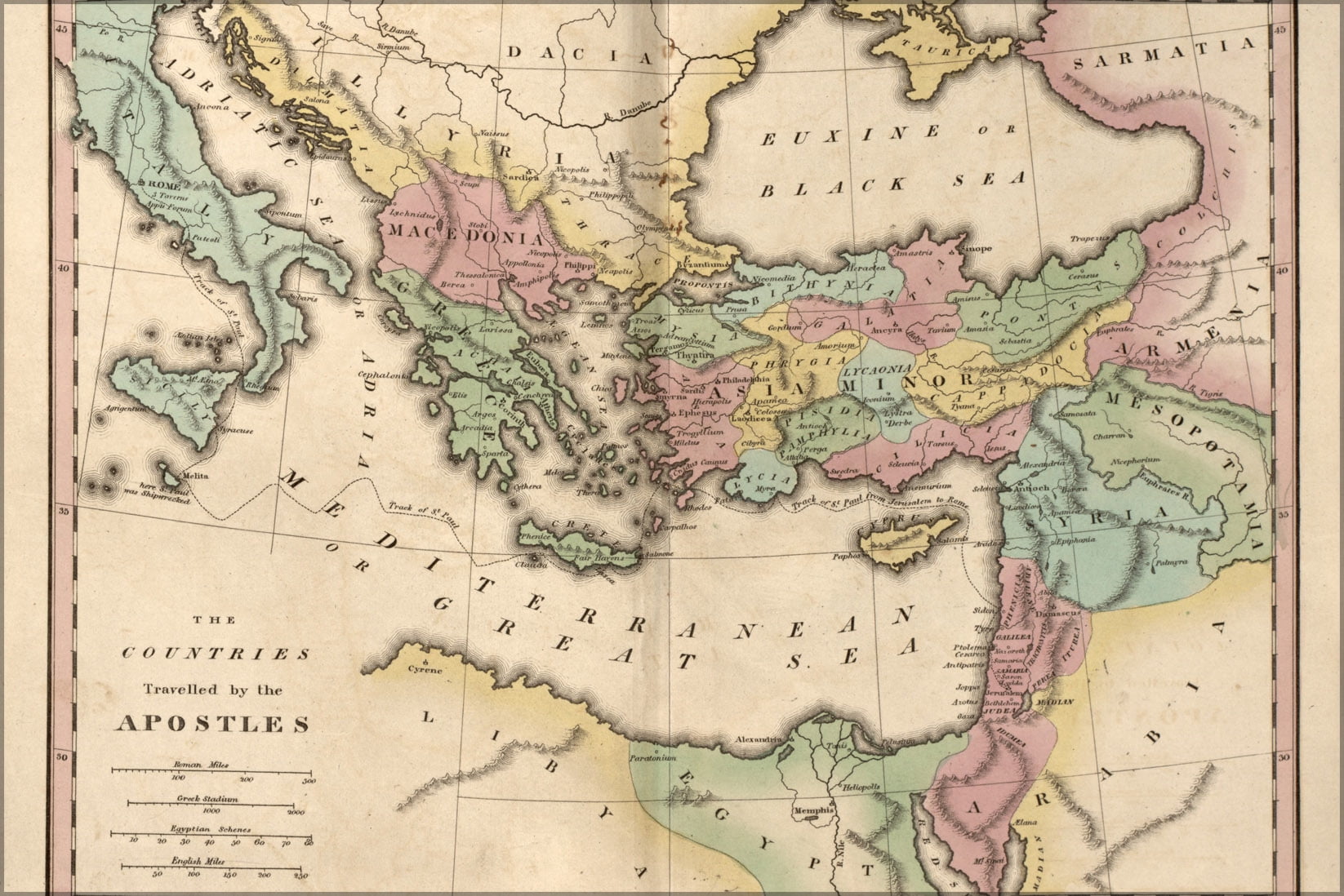 24"x36" Gallery Poster, bible map of travels of the Apostles 1826 ...