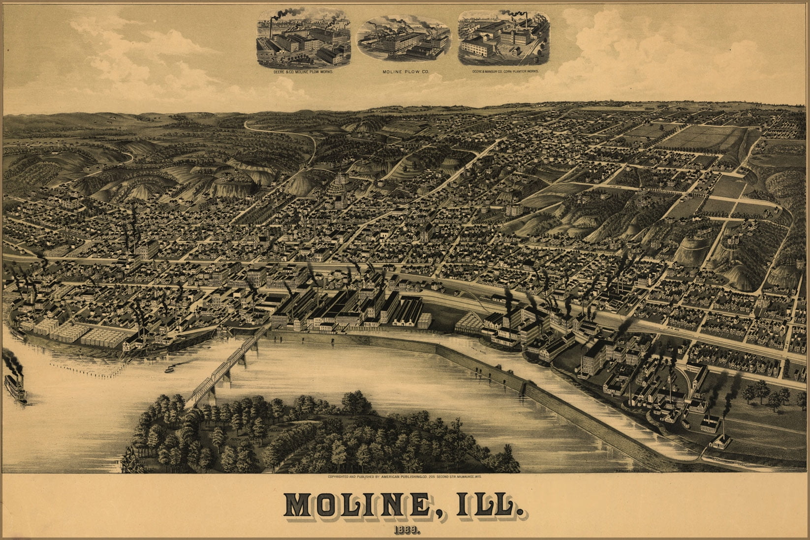 24"x36" Gallery Poster, birdseye view map of Moline, Illinois 1889 ...