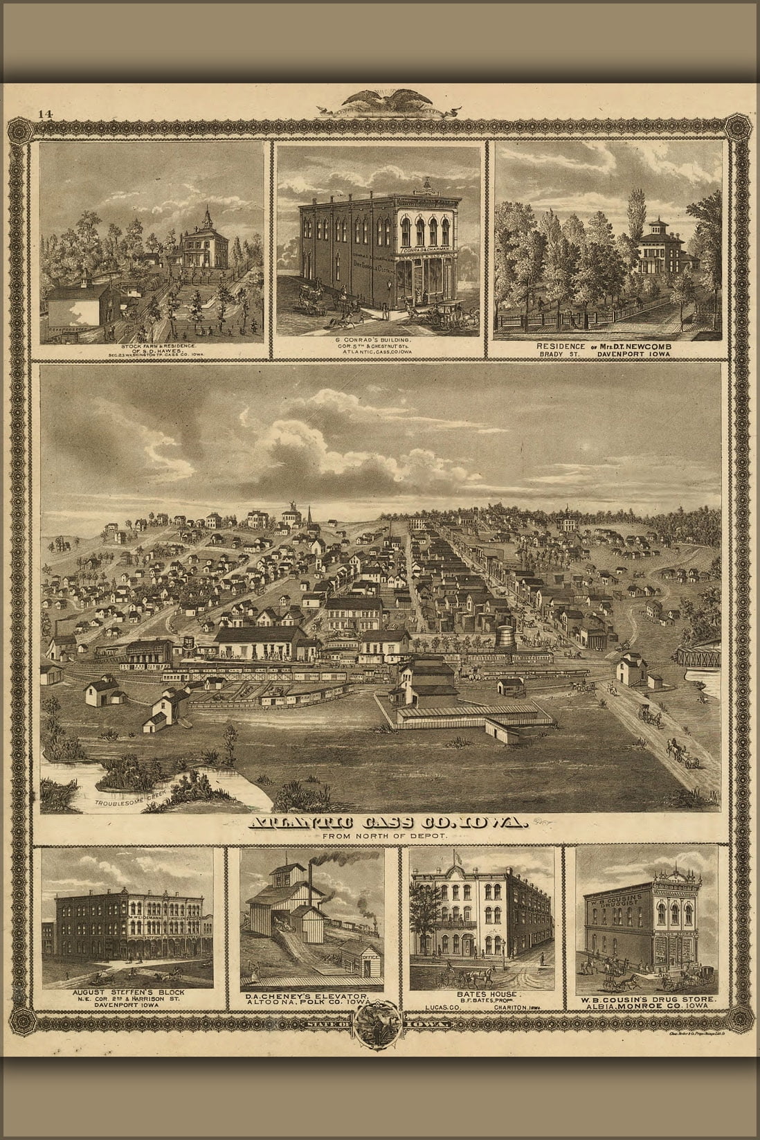 24"x36" Gallery Poster, birdseye view map of atlantic iowa 1875 ...